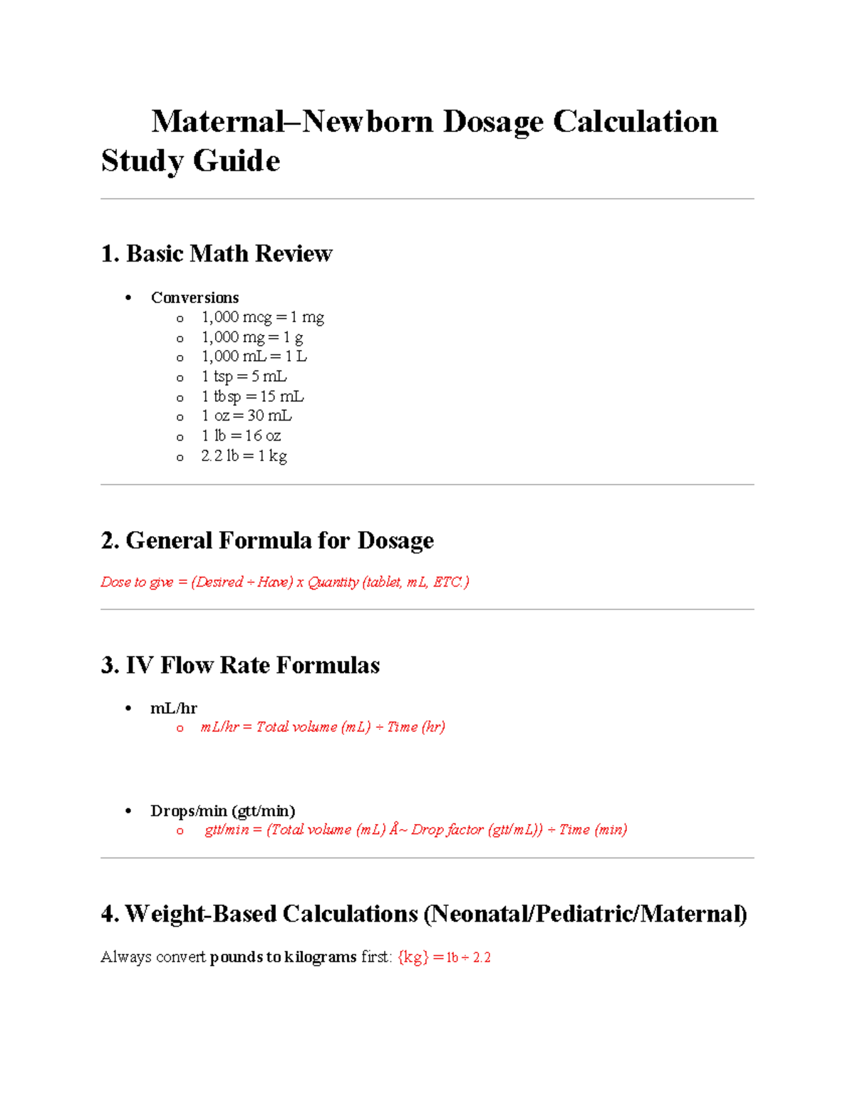 Maternal–Newborn Dosage Calculation Study Guide: Basic Math & Formulas ...