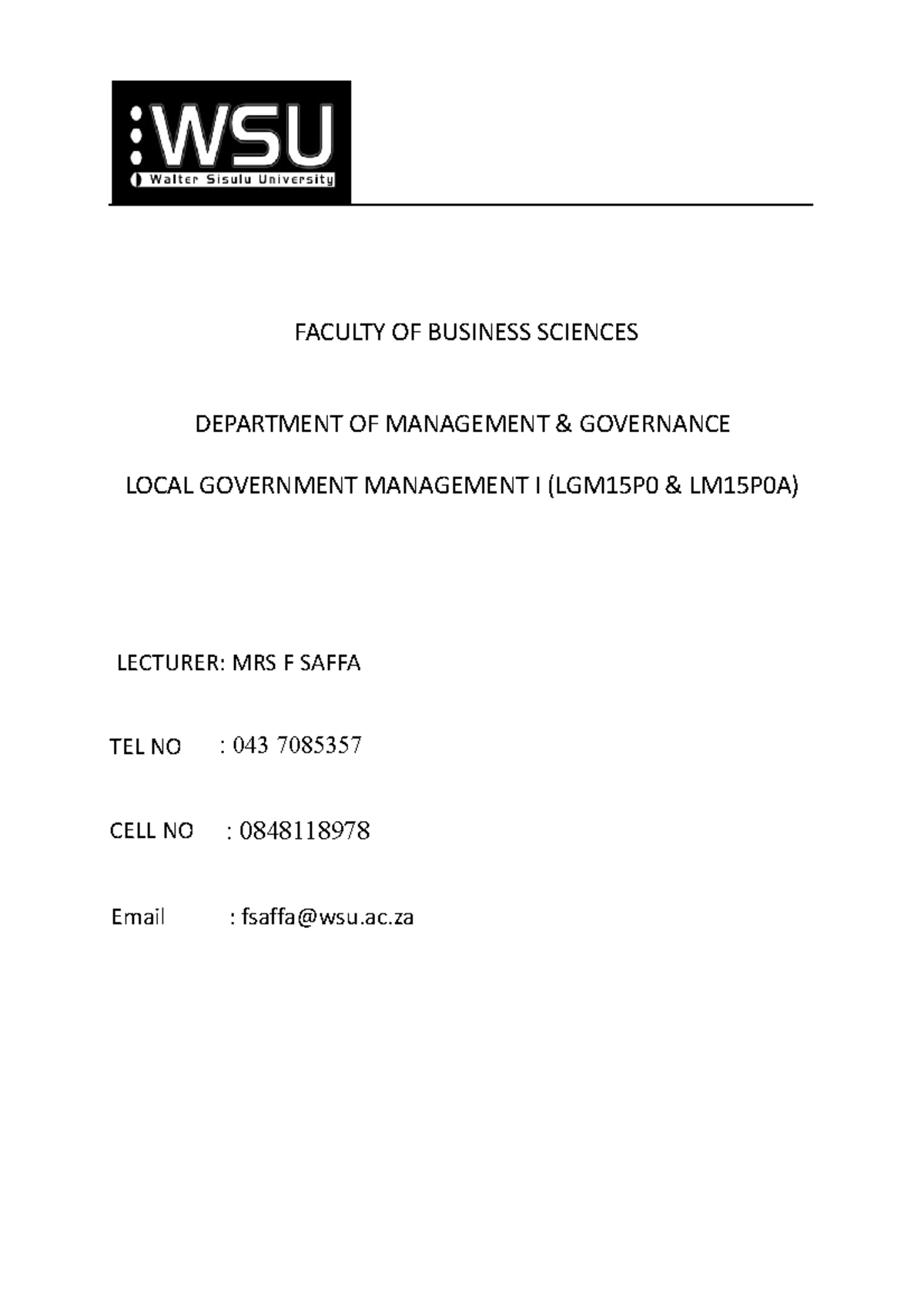 Local Government Management I (LGM15P0 & LM15P0A) Lecture Notes - Studocu