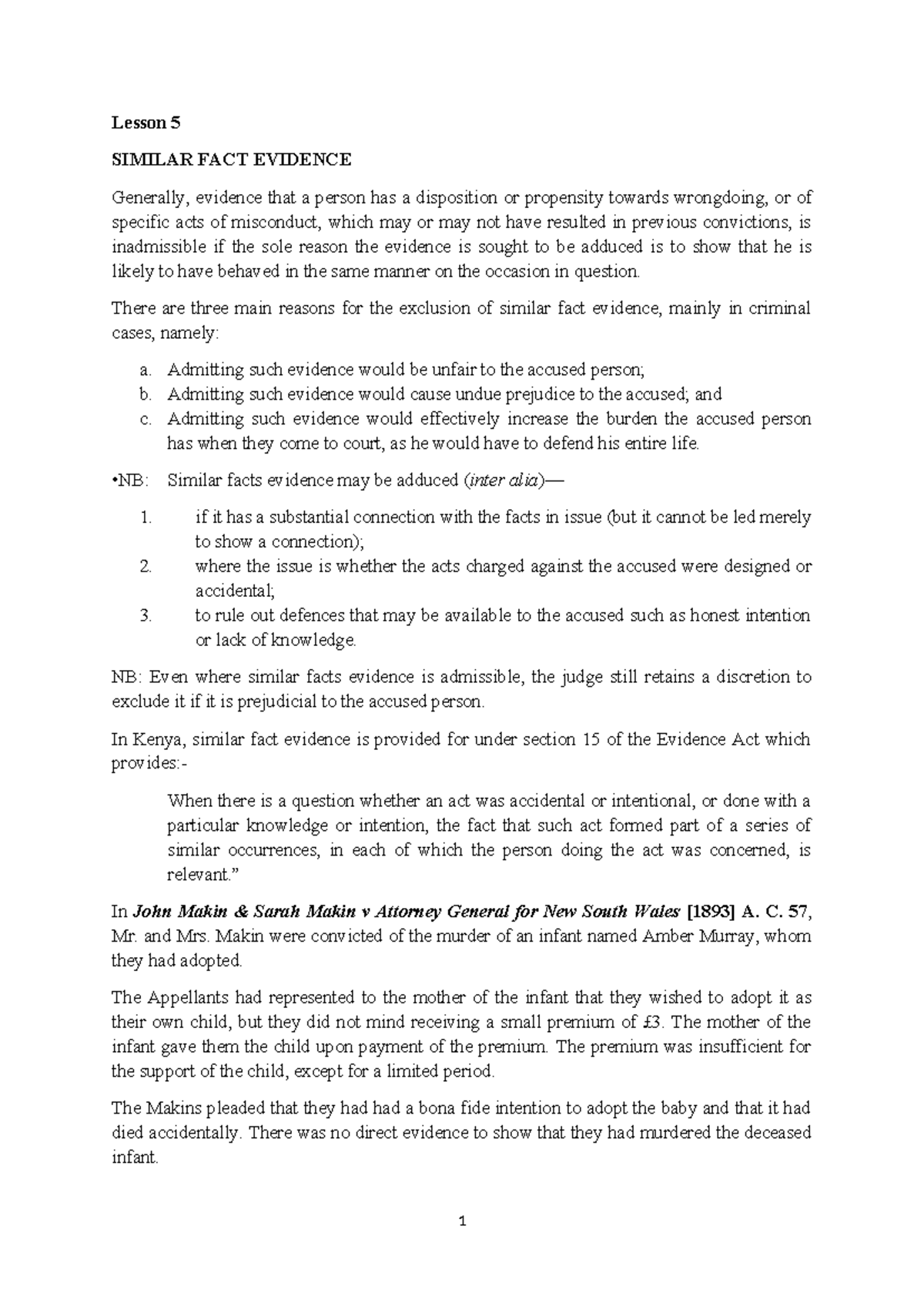 Lesson 5: Similar Fact Evidence in Criminal Law - Studocu