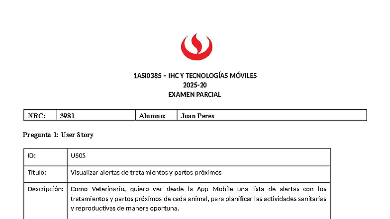 1ASI0385 IHC Y TECNOLOGÍAS MÓVILES EXAMEN PARCIAL - User Stories y ...