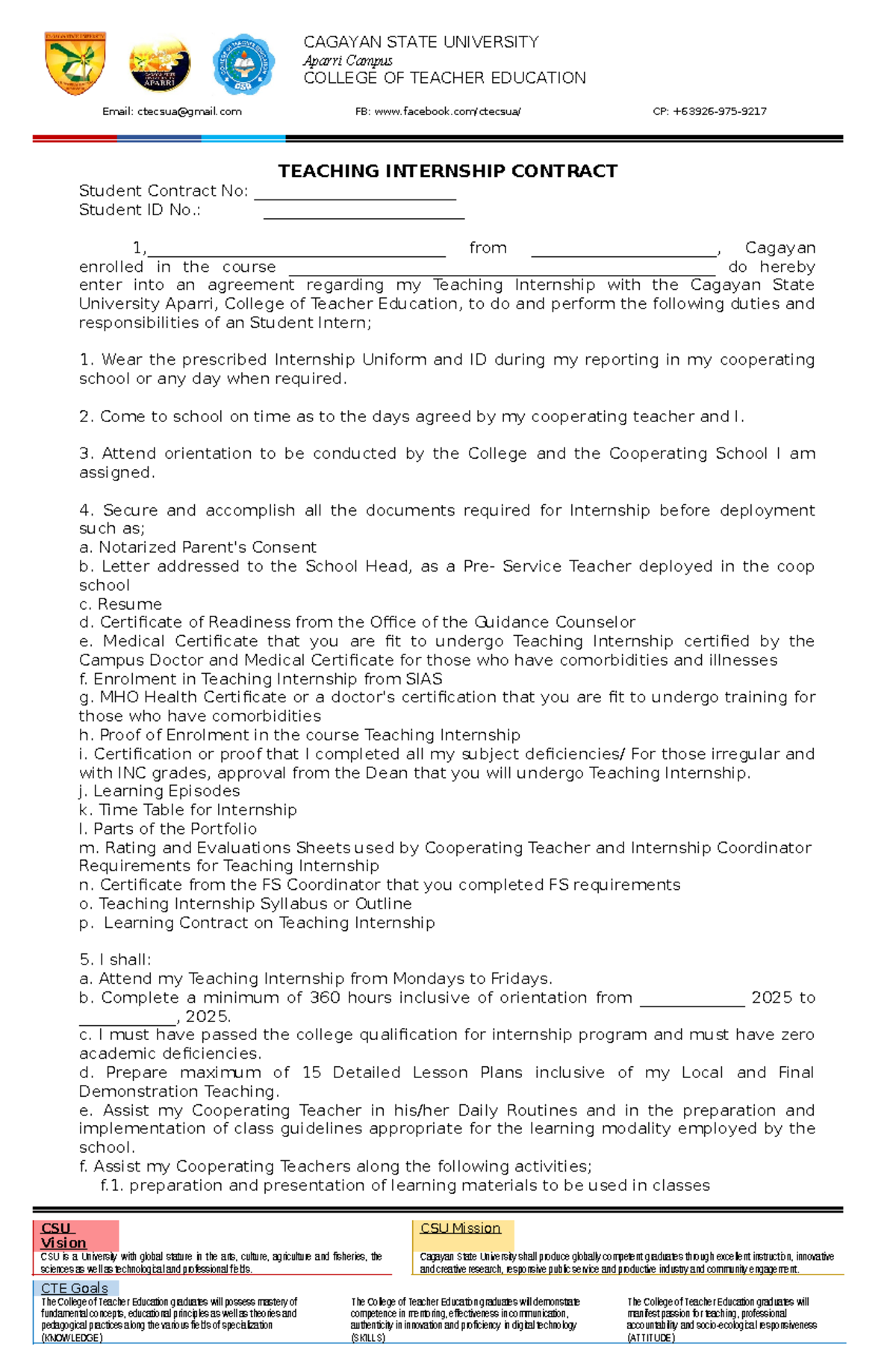 Teaching Internship Learning Contract - CTE 2025 - Studocu
