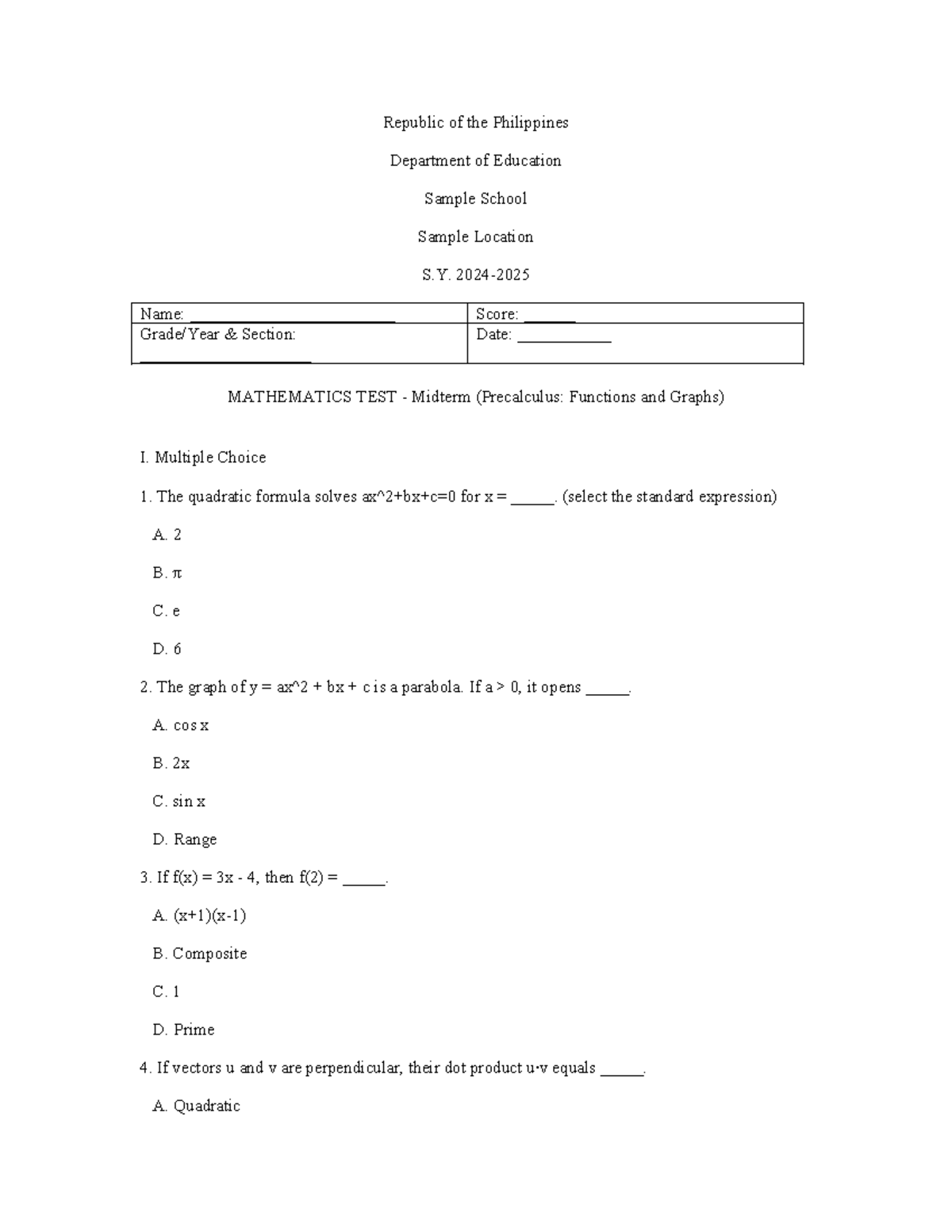 MATH 333 Midterm Exam: Precalculus Functions & Graphs Fall 2024 - Studocu