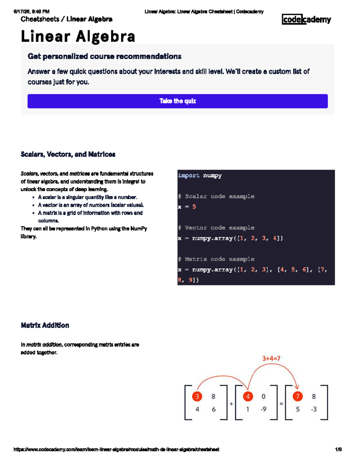 GH: Linear Algebra Cheatsheet - Key Concepts and Operations - Studocu
