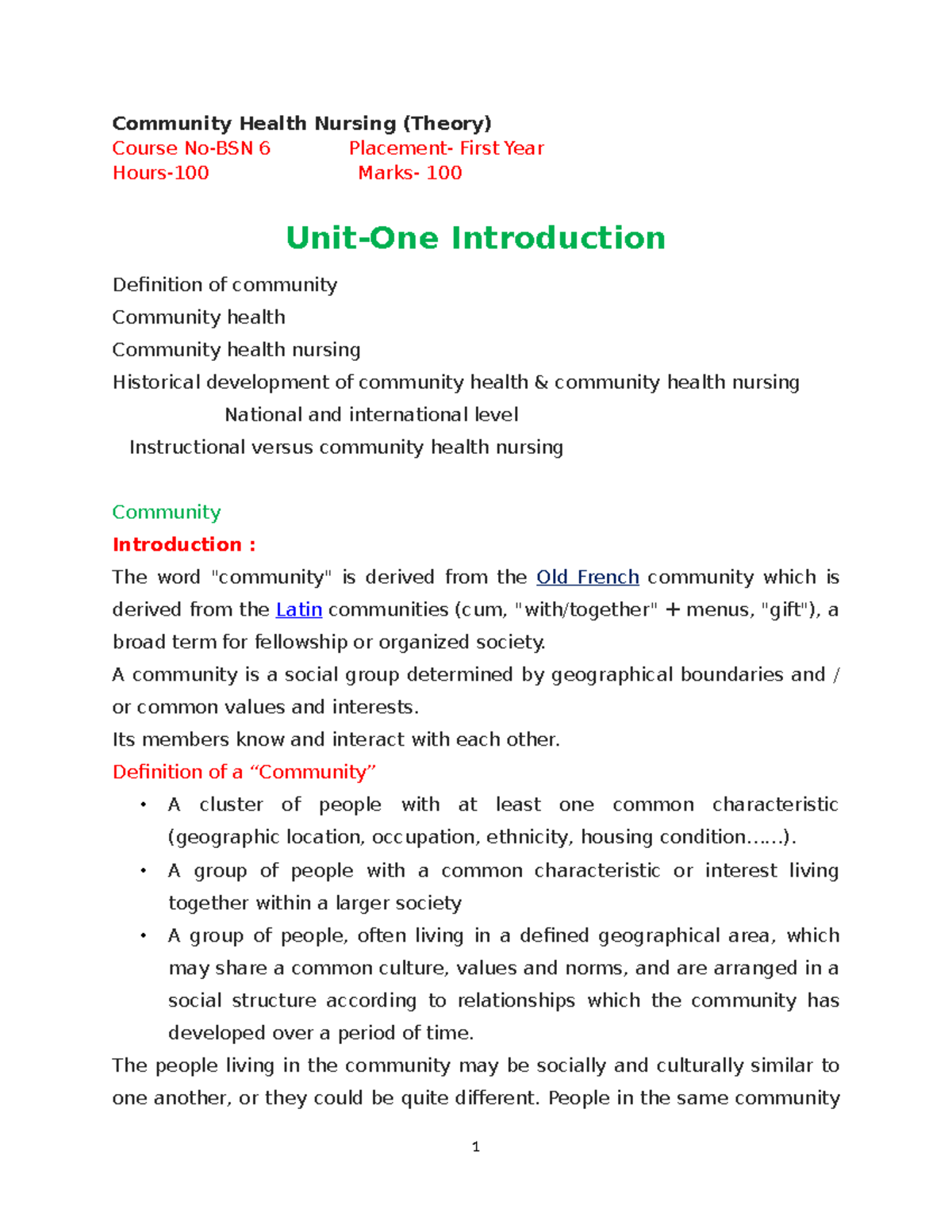 BSN 6 Unit 1: Introduction to Community Health Nursing Concepts - Studocu