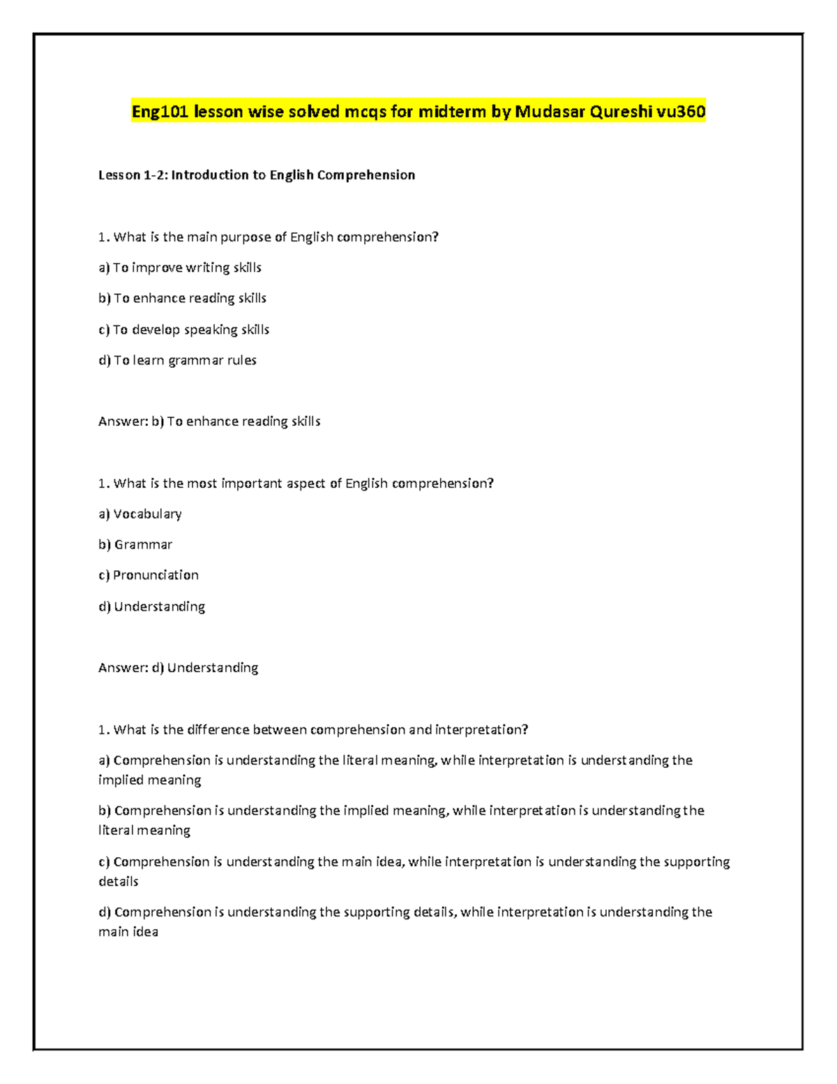 Eng101 Midterm MCQs Solutions by Mudasar Qureshi (Lessons 1-22) - Studocu