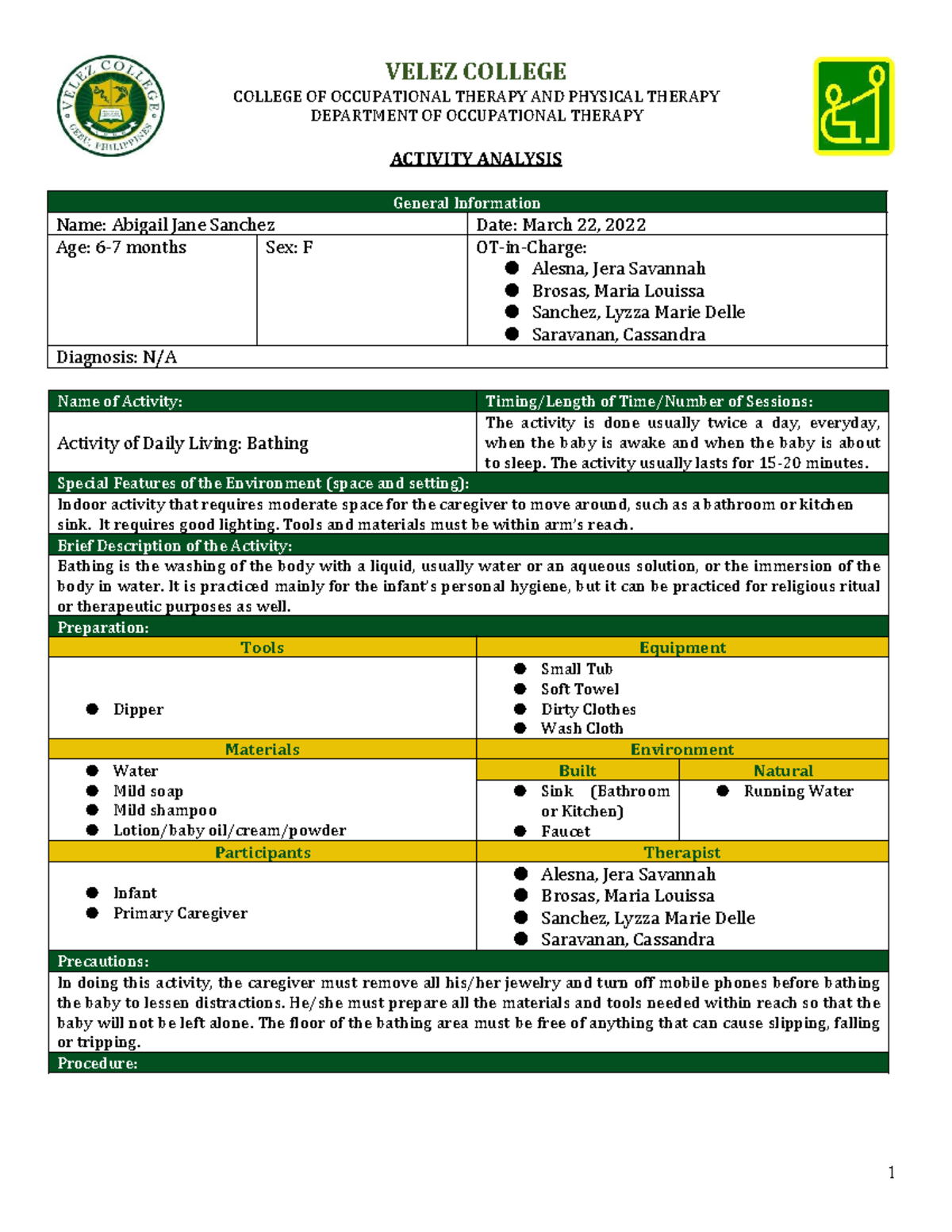 Group 2 BSOT-1A Extended Activity Analysis Form (Bathing) - VELEZ ...
