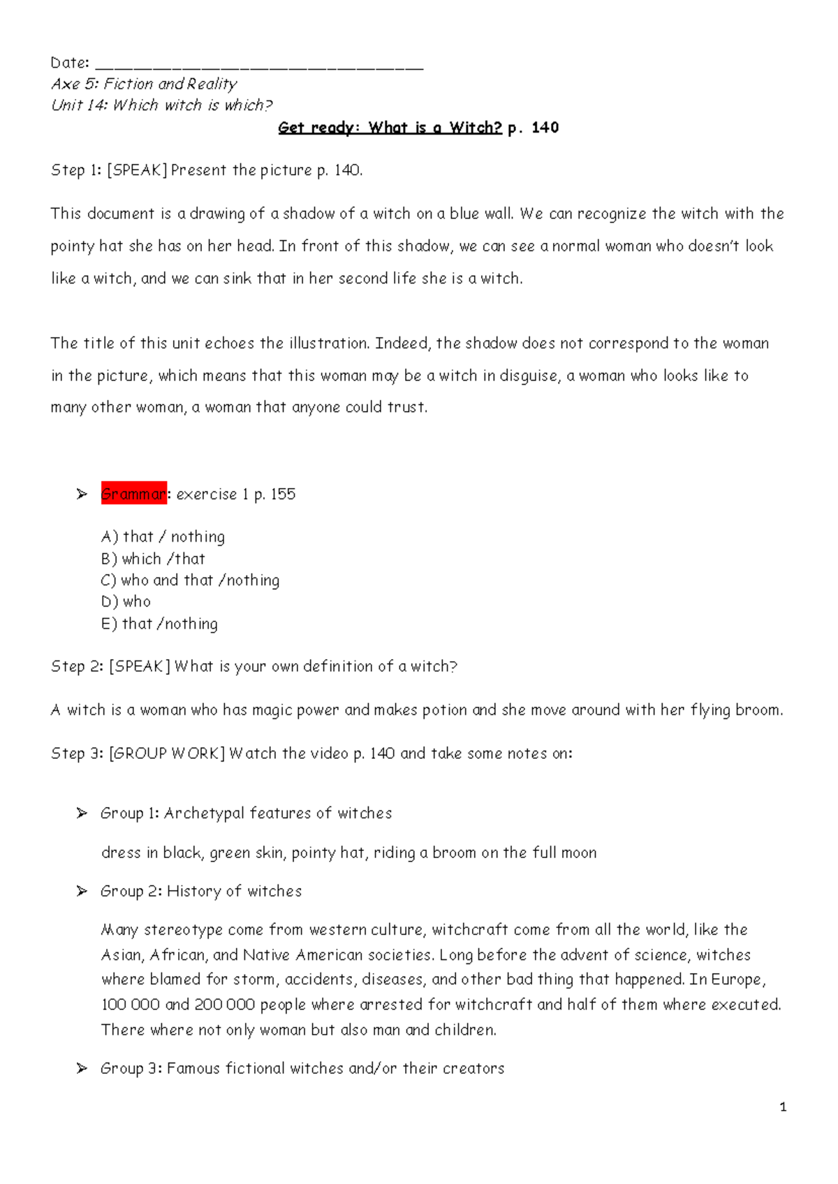 Unit 14: Which Witch is Which? - Worksheet on Witches in Culture - Studocu