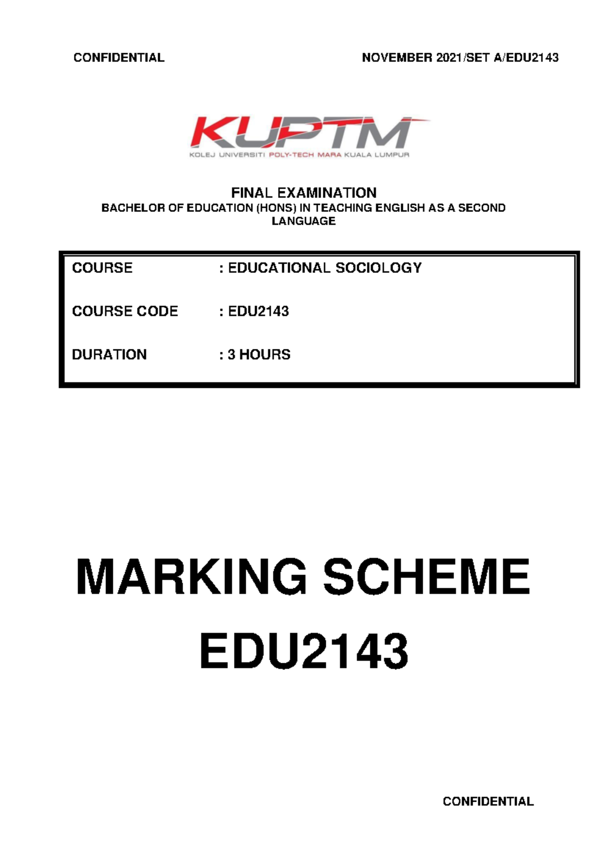 EDU2143 Final Exam Marking Scheme for Teaching English (Nov) - Studocu
