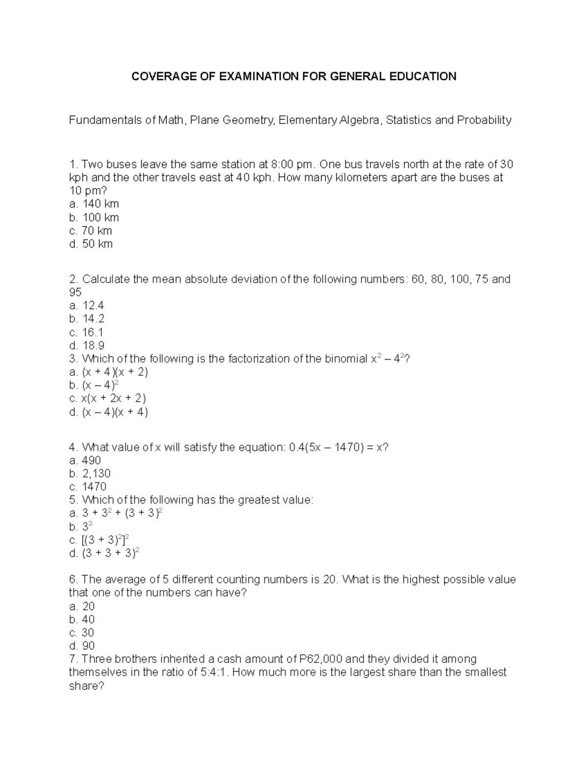 LET EXAM PRACTICE - General Education Math Test Review - Studocu