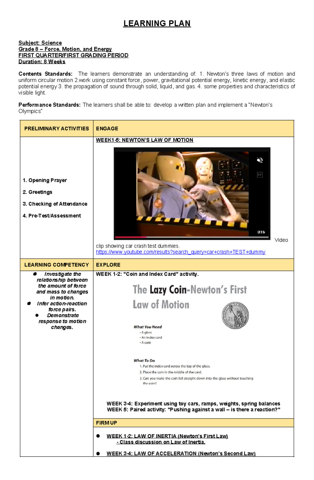 Science 8 Learning Plan: Force, Motion, and Energy (1st Grading Period ...