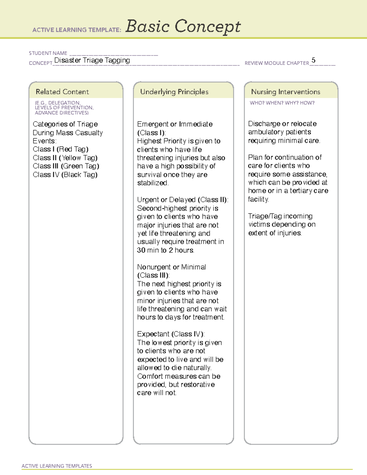Disaster Triage Tagging ATI Concept Map: Key Nursing Interventions ...