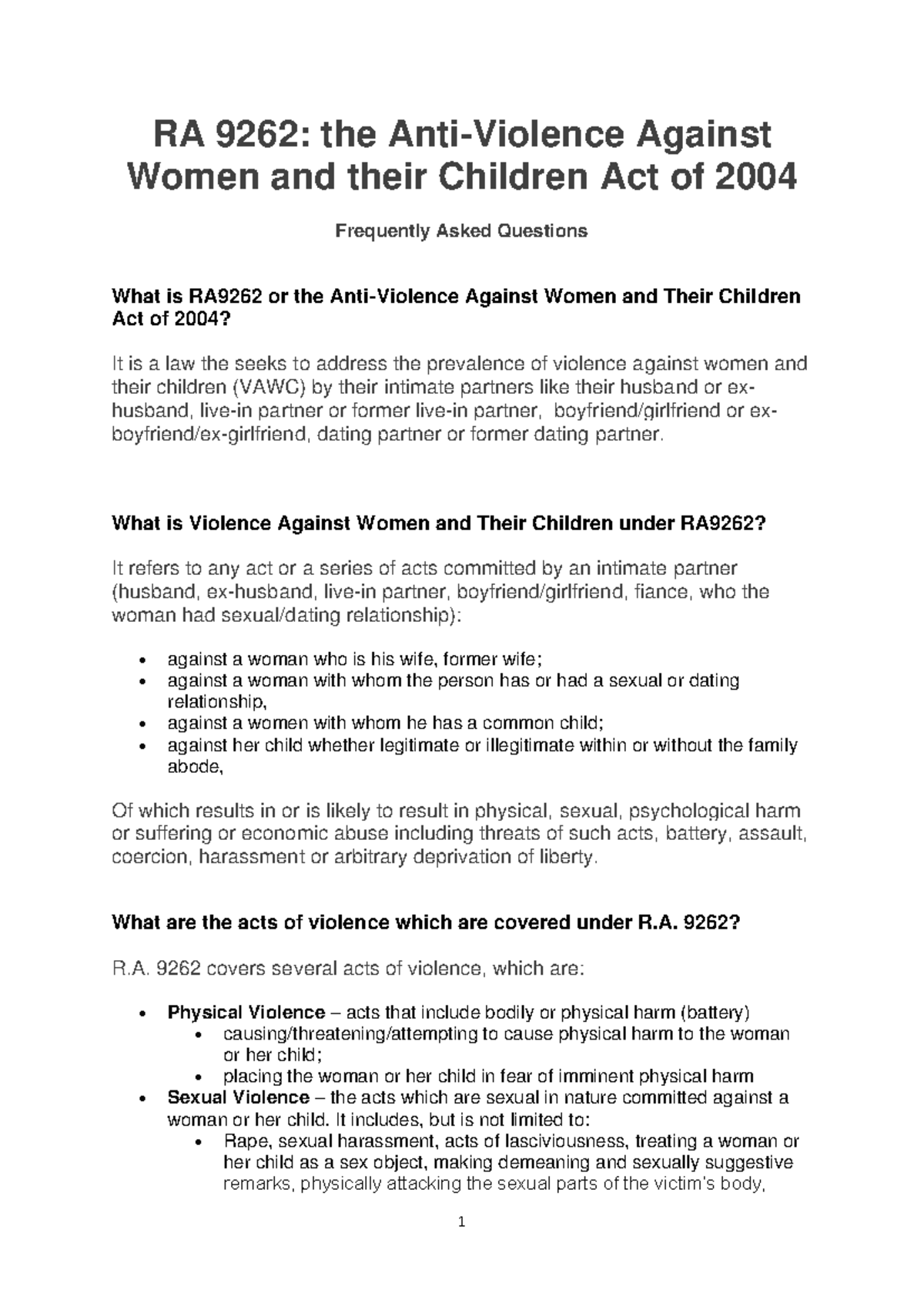 RA 9262 VAWC Law Overview: Key Points and FAQs on R.A. 9262 - Studocu