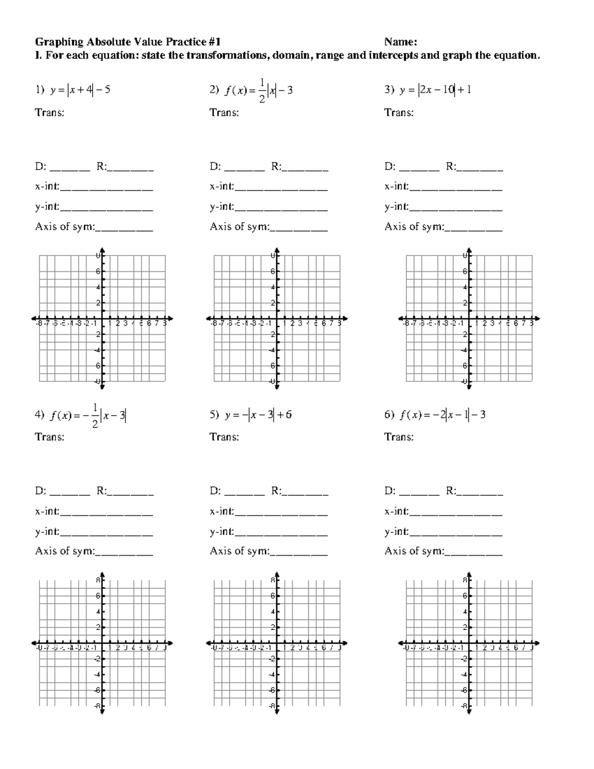 Graphing Absolute Value Functions Practice Worksheet - Studocu