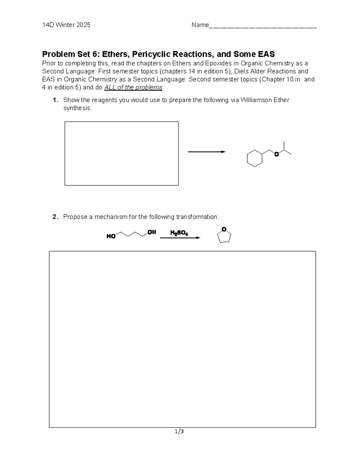 14D Winter 2025 Problem Set 6: Ethers & Reactions Overview - Studocu