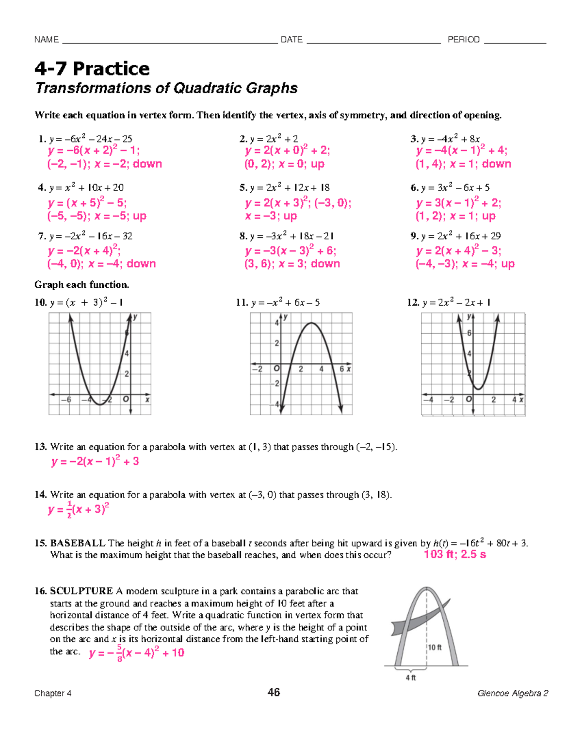 Algebra 2 (4.7) Homework: Transformations of Quadratic Graphs - Studocu