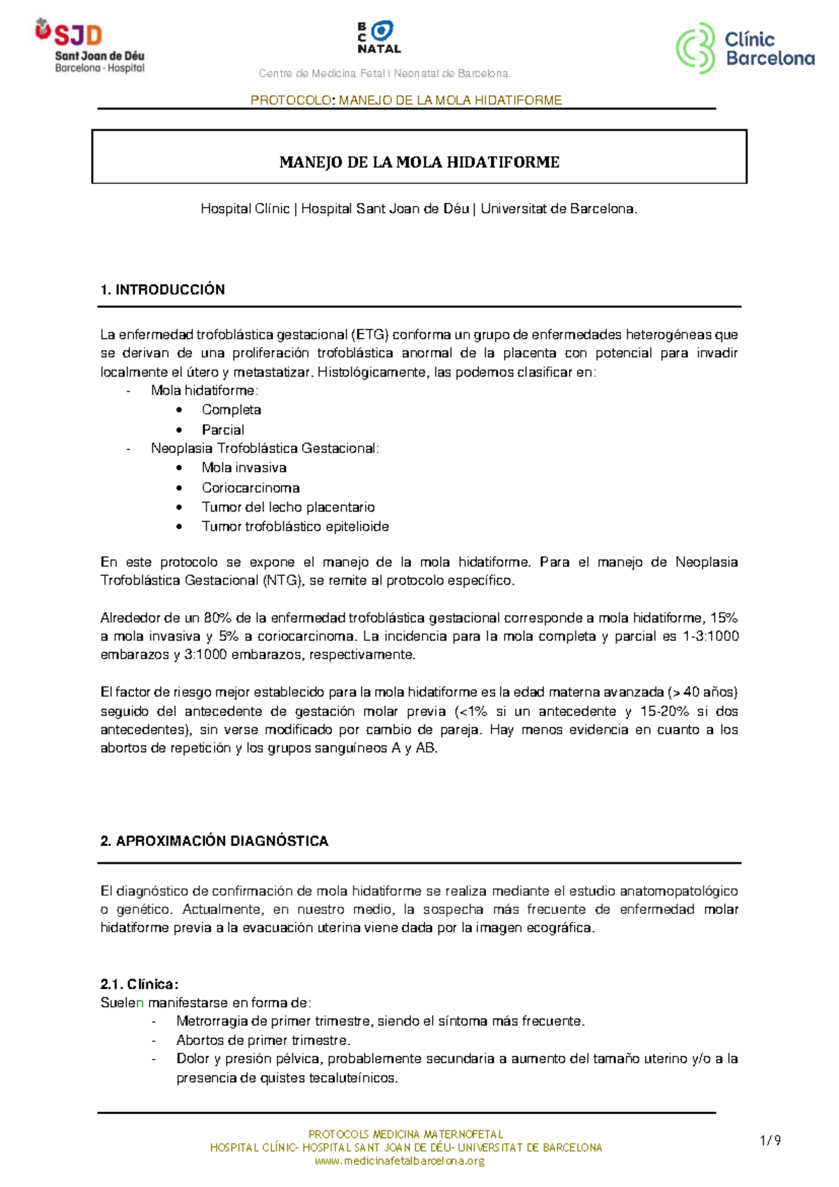 PROTOCOLO: MANEJO DE LA MOLA HIDATIFORME - HOSPITAL CLÍNIC Y HOSPITAL ...