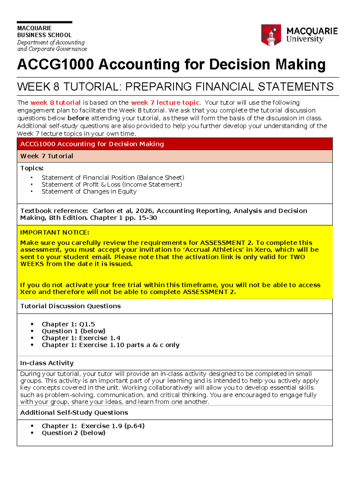 ACCT101 Week 8 Tutorial: Preparing Financial Statements - Studocu