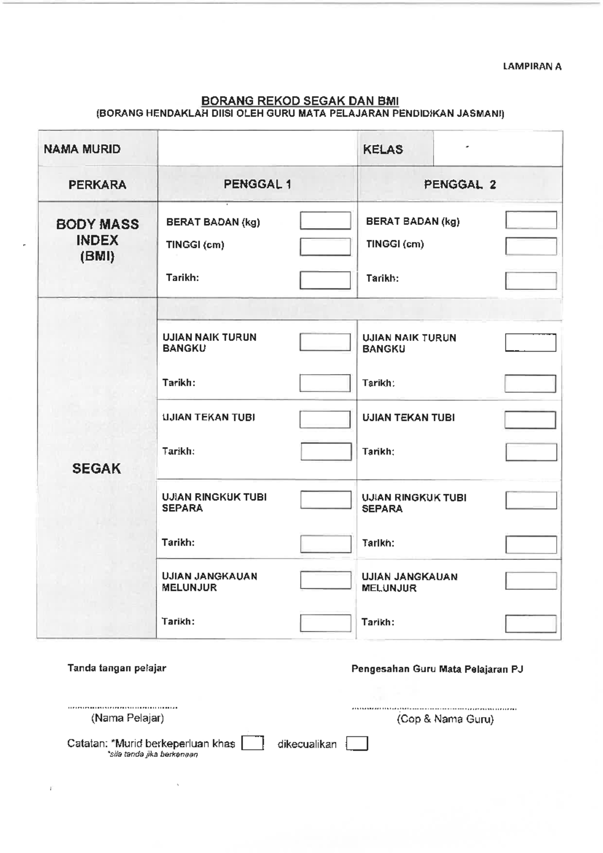 Borang Rekod Segak dan BMI untuk Pendidikan Jasmani (PJ) - Studocu