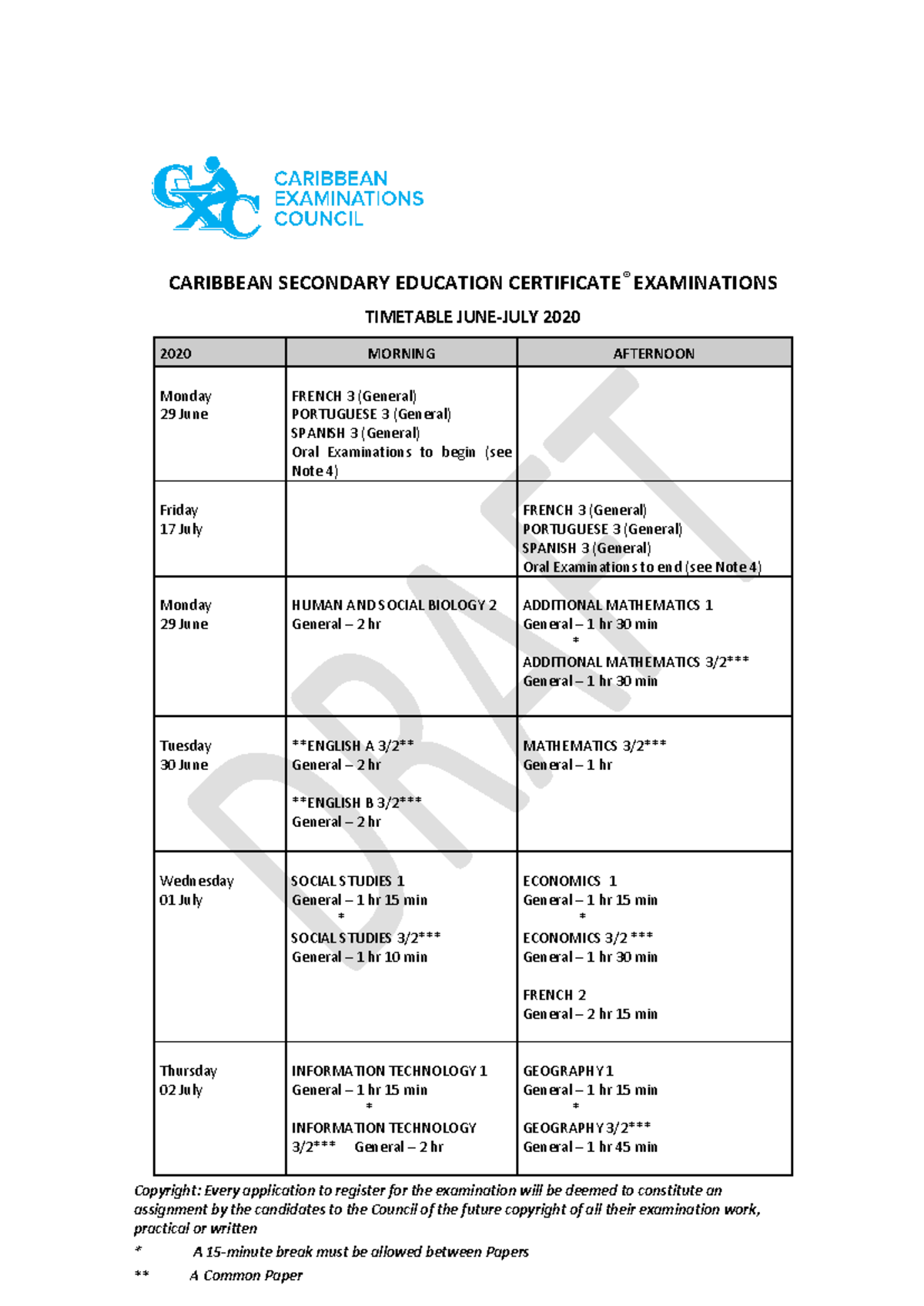 15858722017 80 Timetable CSEC June-July Draft 1 April - CARIBBEAN ...