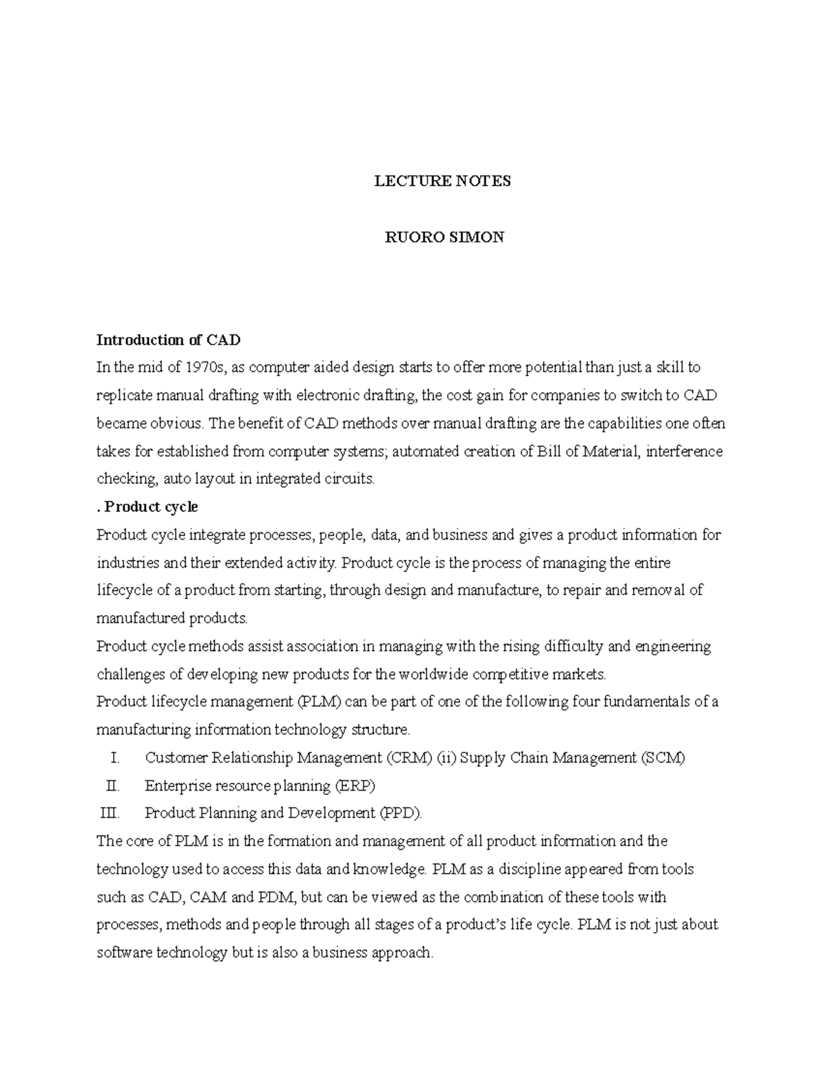 Computer Aided Design notes - LECTURE NOTES RUORO SIMON Introduction of ...