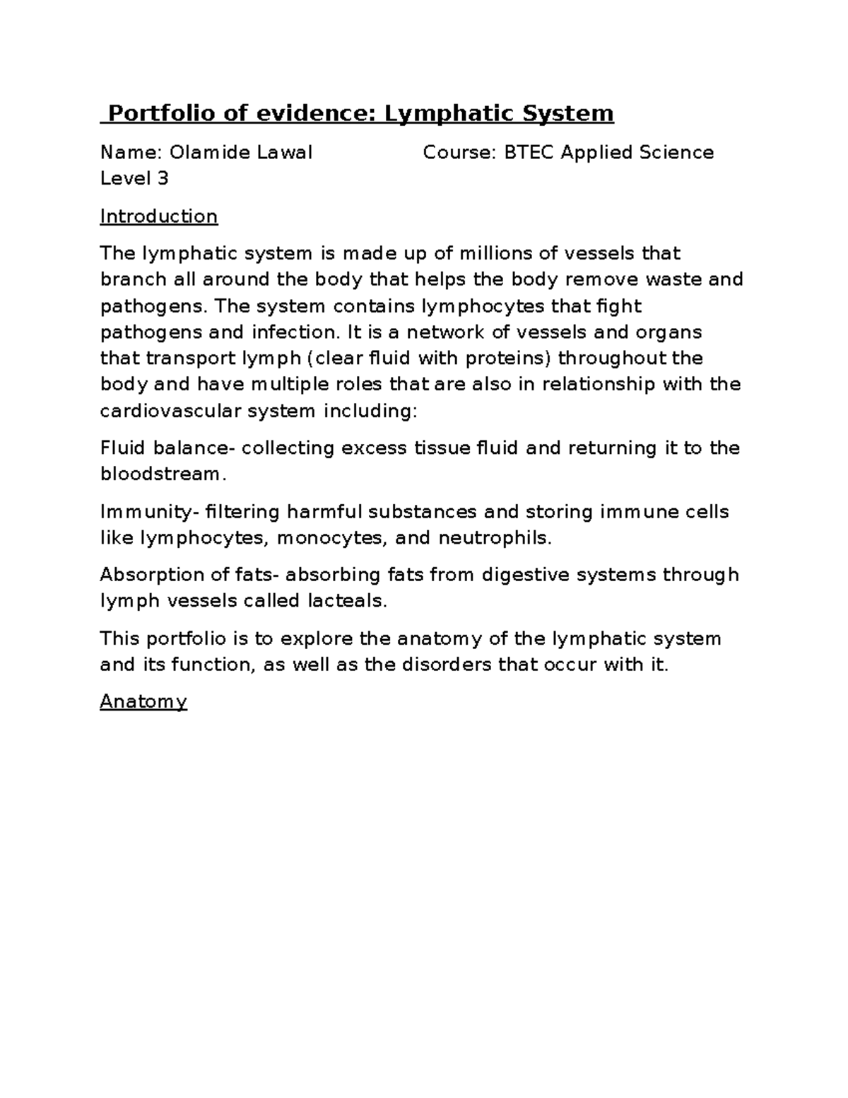 Unit 8B: Comprehensive Portfolio on the Lymphatic System - Studocu