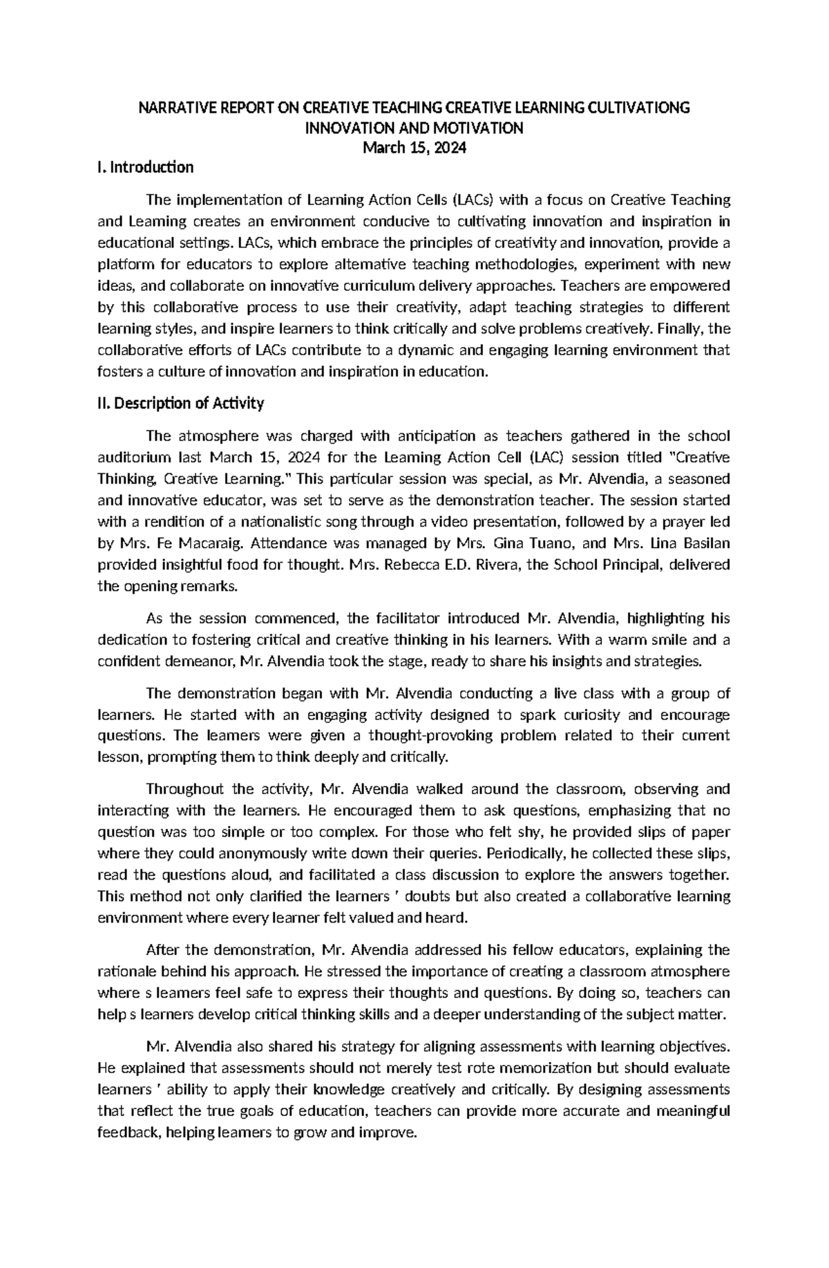 Narrative Report on Creative Teaching & Learning: LAC Session Insights ...