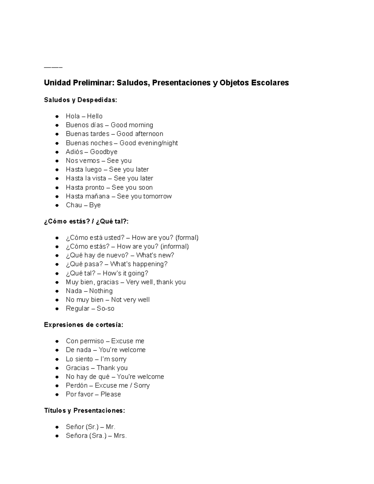 Unidad Preliminar: Saludos y Presentaciones en Español - Studocu