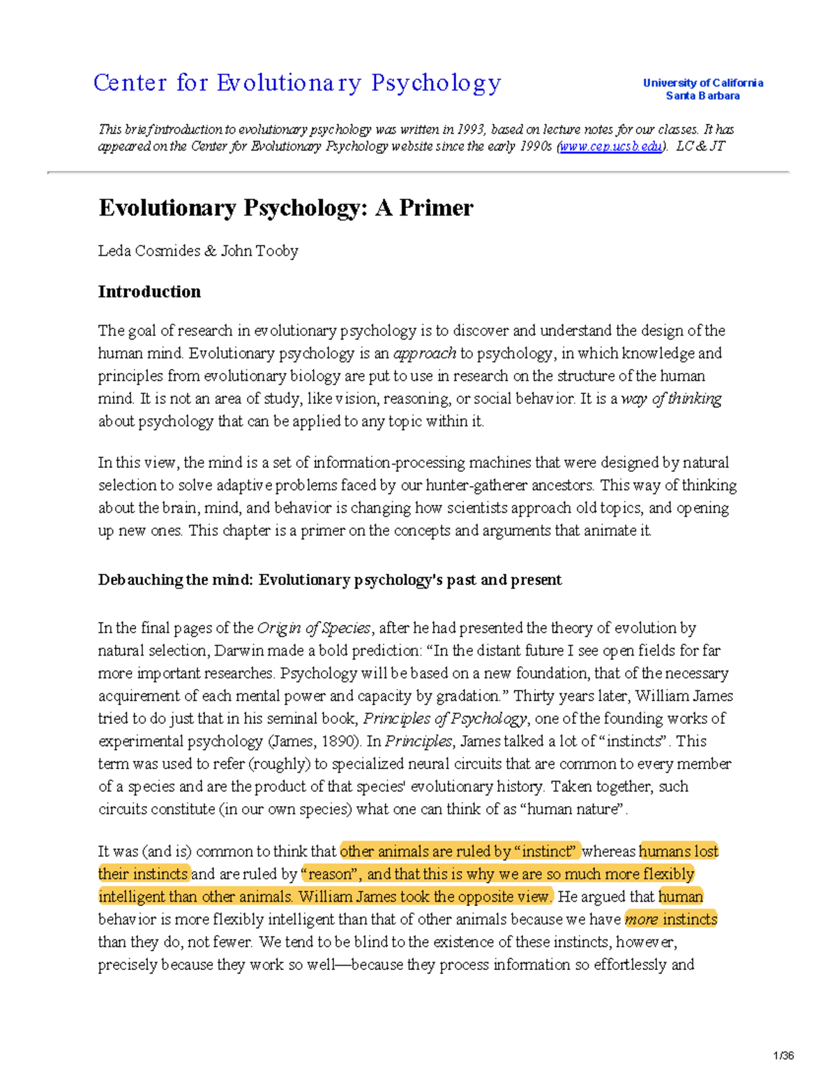 Evolutionary Psychology Overview: Insights from Cosmides & Tooby 1997 ...