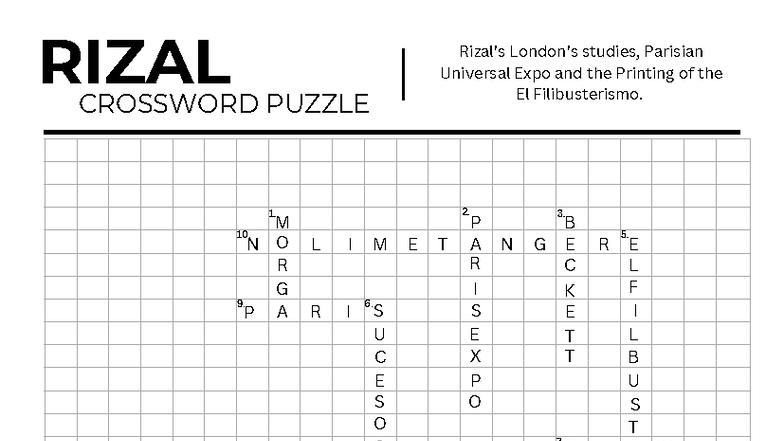 RIZAL PUZZLE: Crossword on El Filibusterismo & Paris Expo - Studocu