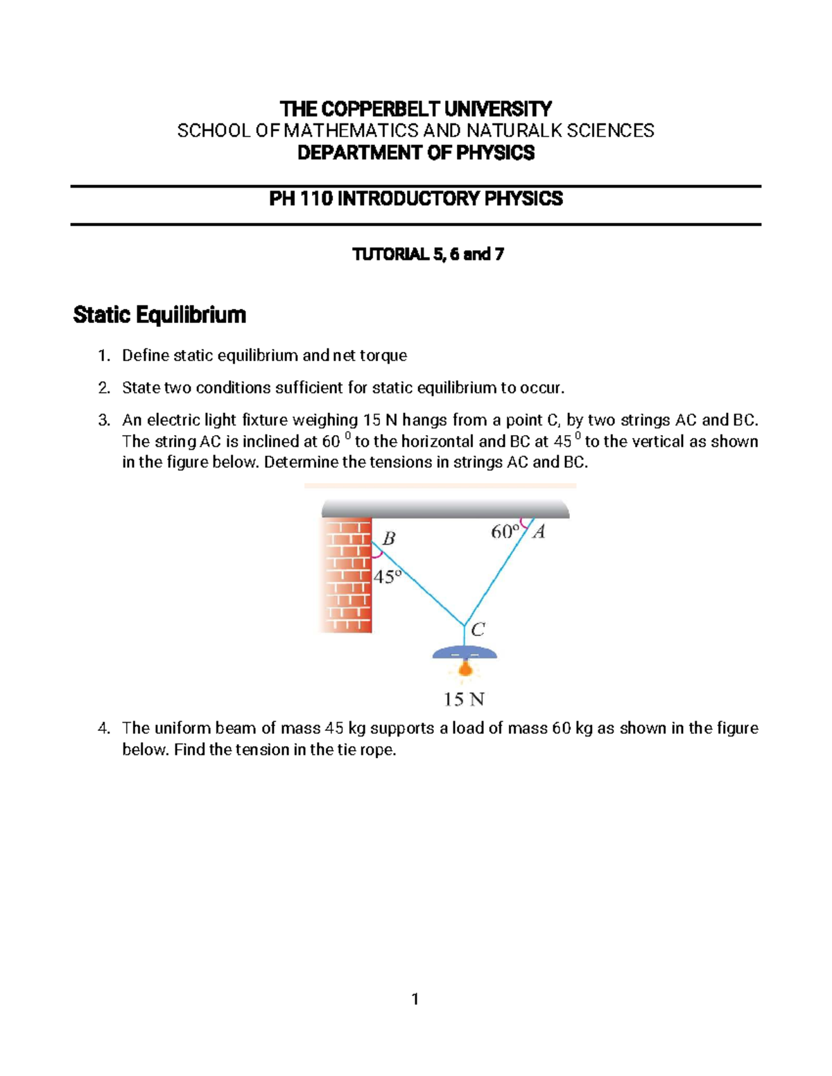 PH 110 Introductory Physics Tutorials 5-7: Static Equilibrium Concepts ...