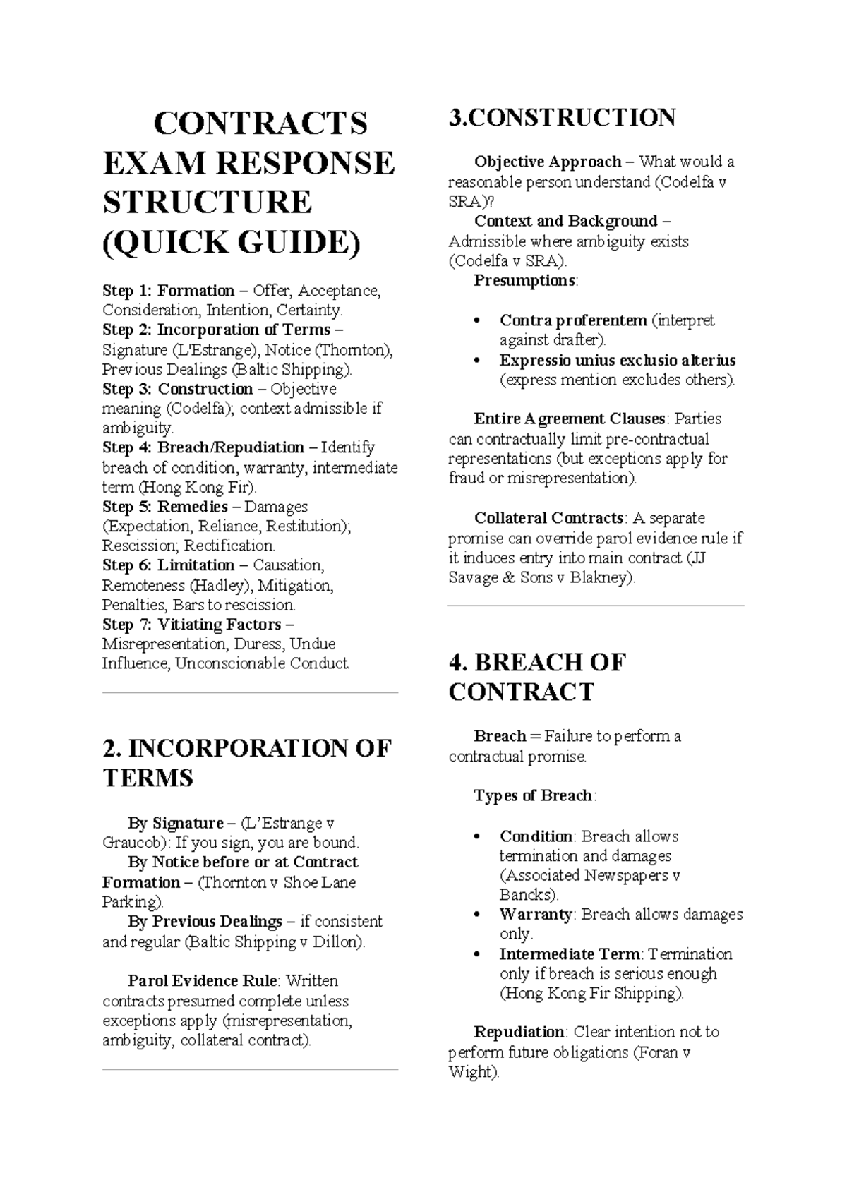 Contracts Law Cheat Sheet: Key Concepts & Case Summaries for Exam - Studocu