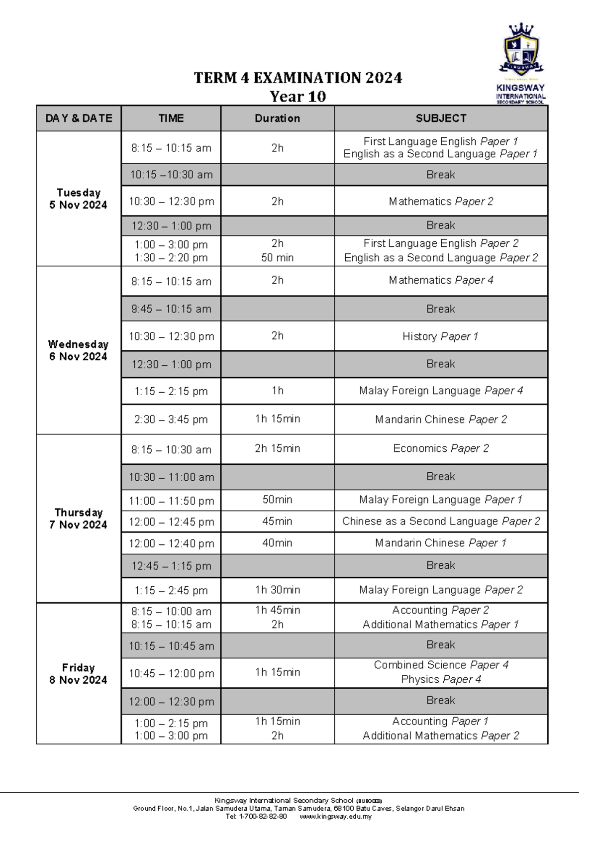 2024 T4 Exam Timetable for Year 10 (BUBG009) - Studocu