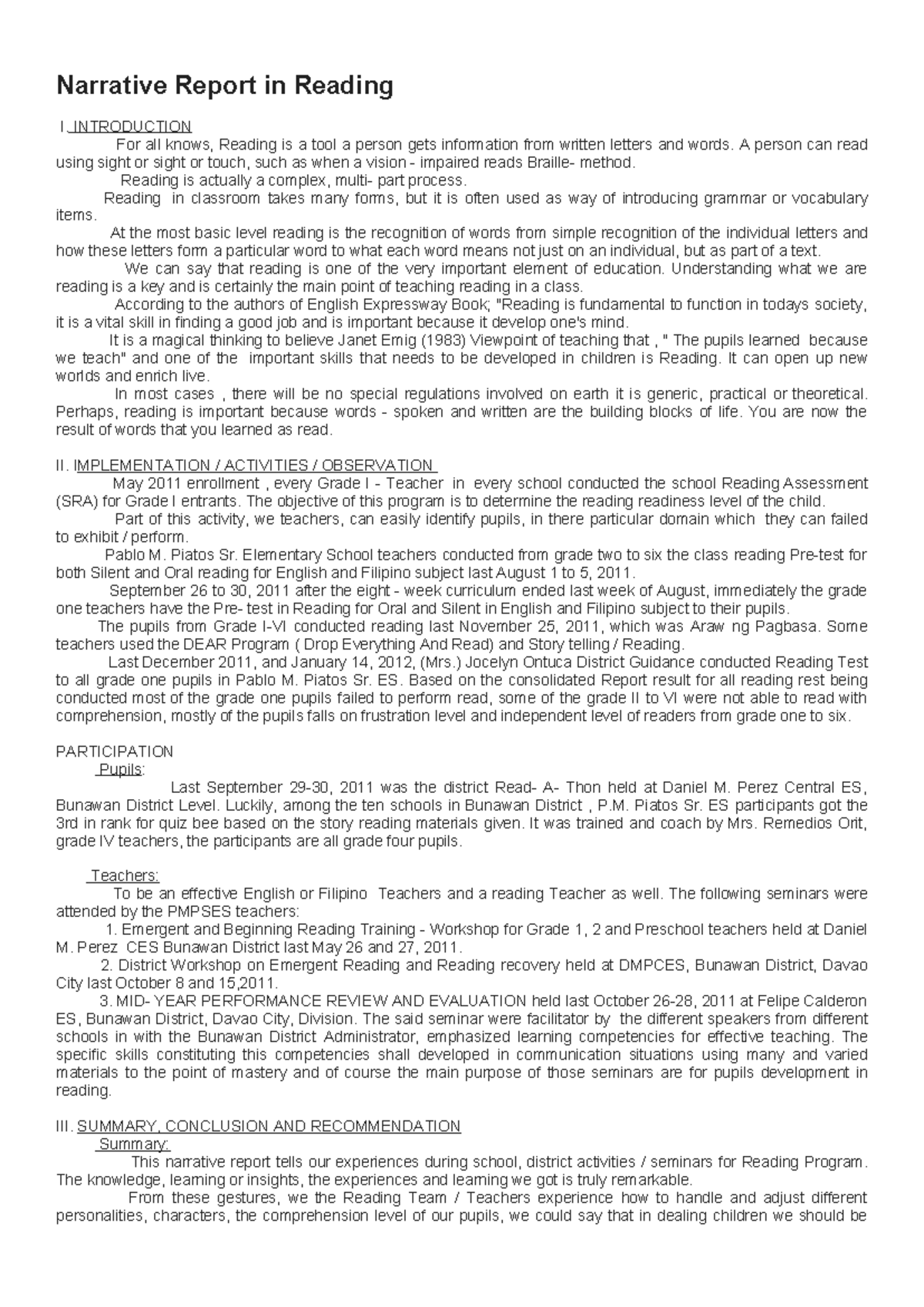 Narrative Report on Reading Program Implementation and Insights - Studocu