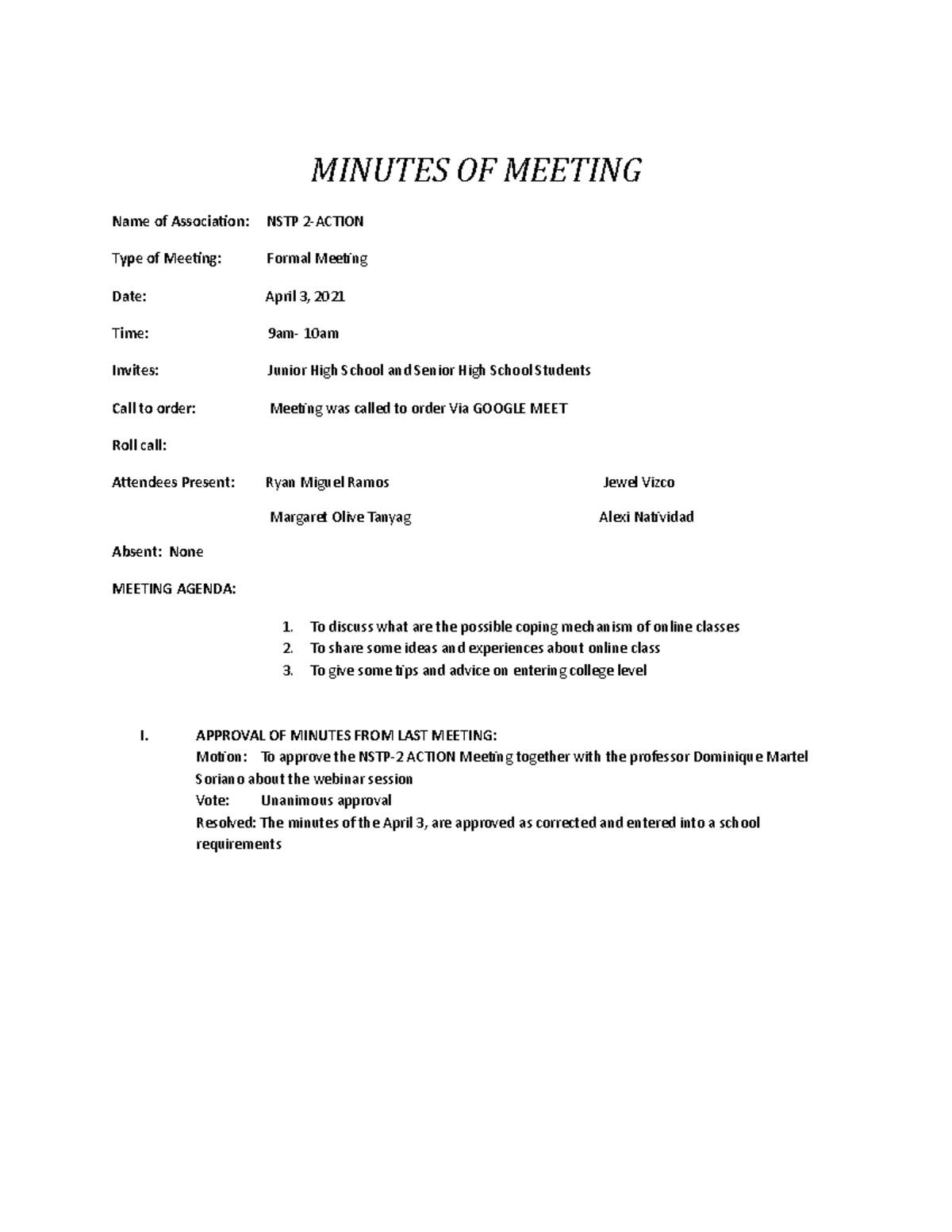 NSTP 2-ACTION Formal Meeting Minutes – April 3, 2021 - Studocu