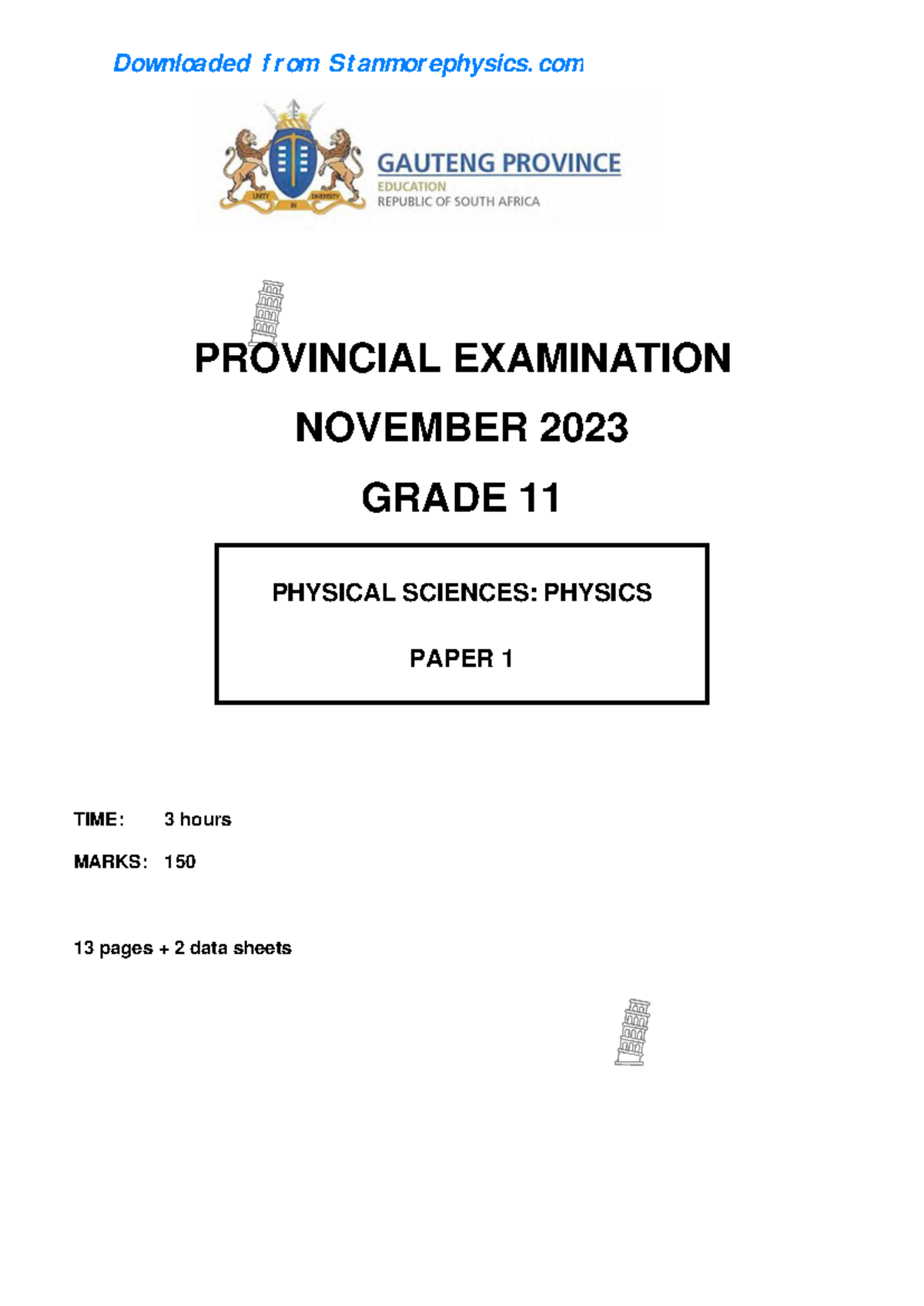 Grade 11 Physical Sciences: November 2023 Exam Paper 1 and Memo - Studocu