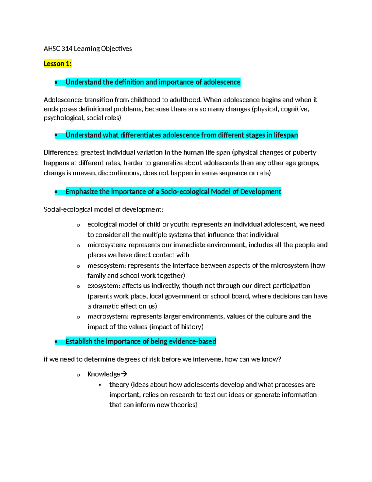 AHSC 314 Learning Objectives: Understanding Adolescence and Development - Studocu