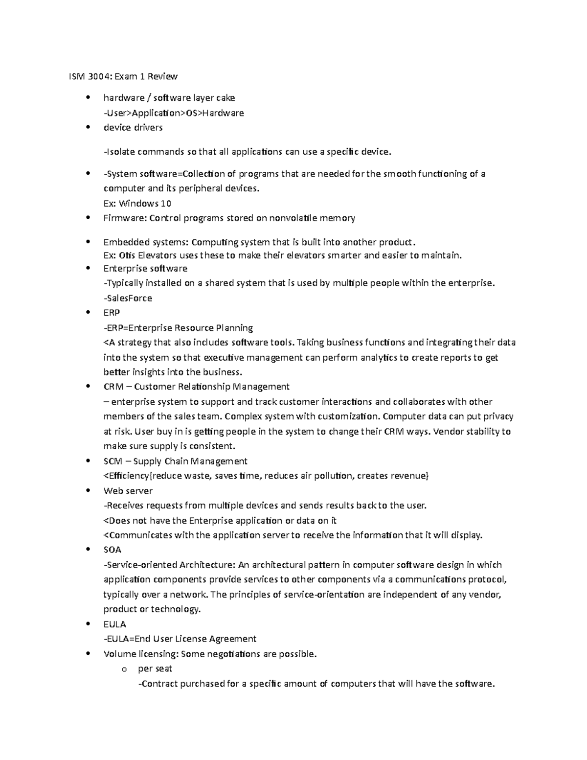 ISM Exam 1 - Exam 1 Study Guide - ISM 3004: Exam 1 Review hardware ...