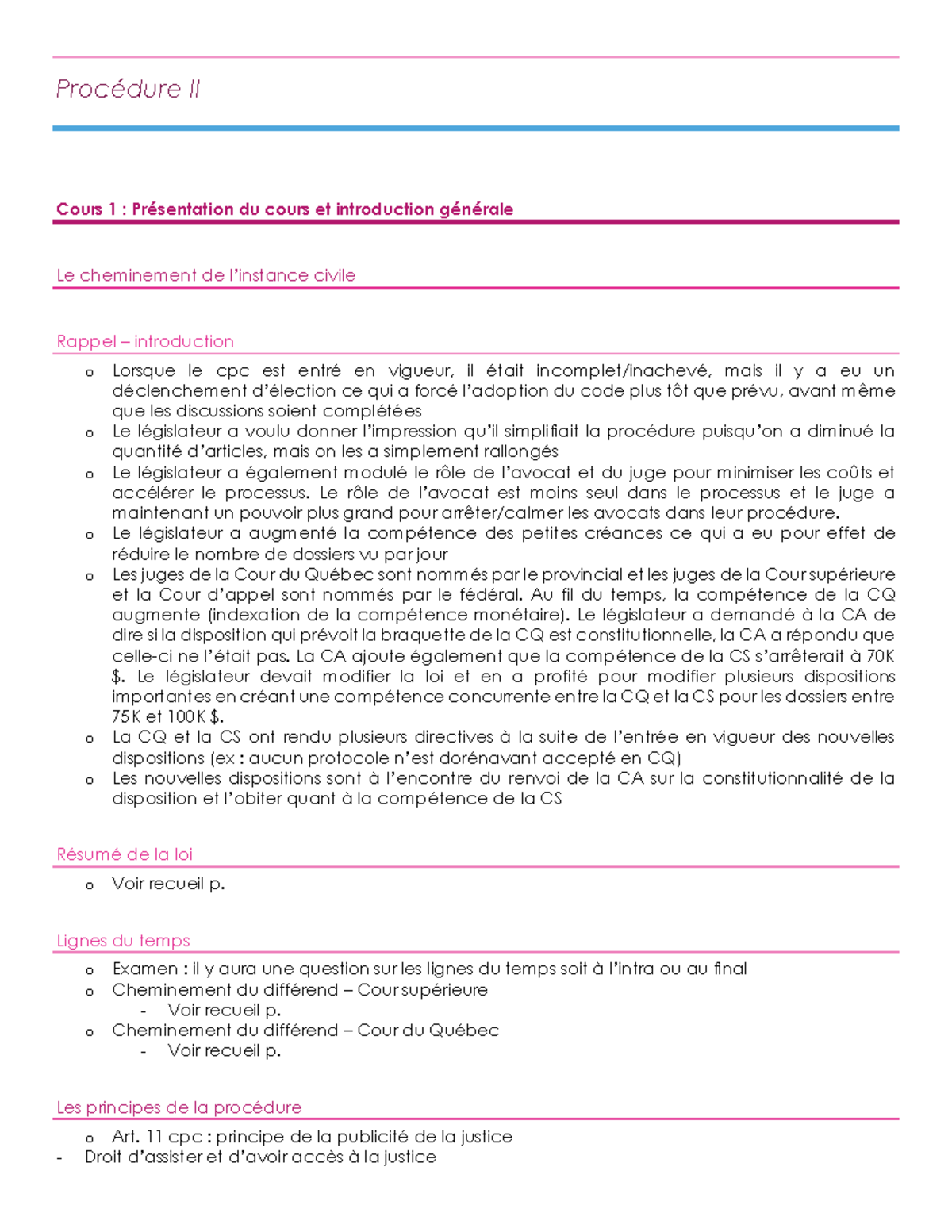 Procédure II Cours 1 : Introduction et Principes de Droit Civil - Studocu