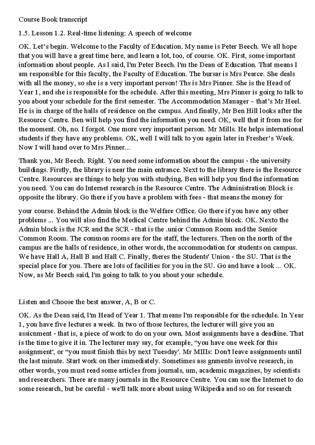Course Book Transcript 1.5: Lesson 1.2 Listening - Welcome Speech ...
