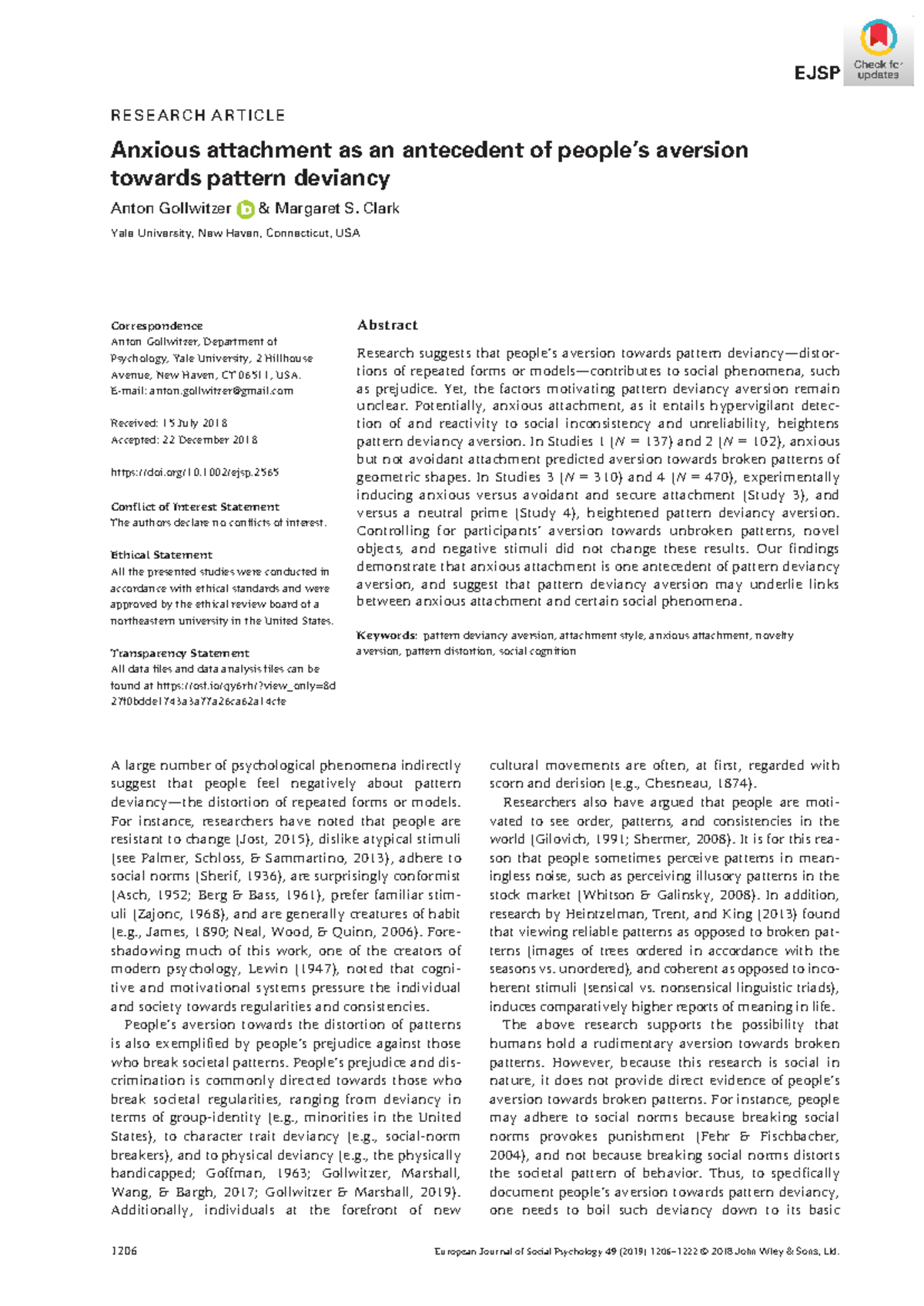 EJSP 2019: Anxious Attachment and Its Role in Pattern Deviancy Aversion ...