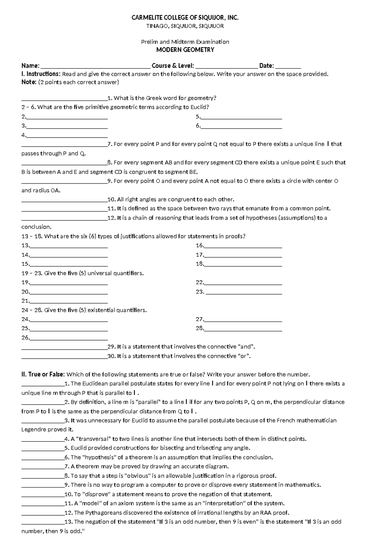 Modern Geometry - Prelim and Midterm Exam Guide - Studocu