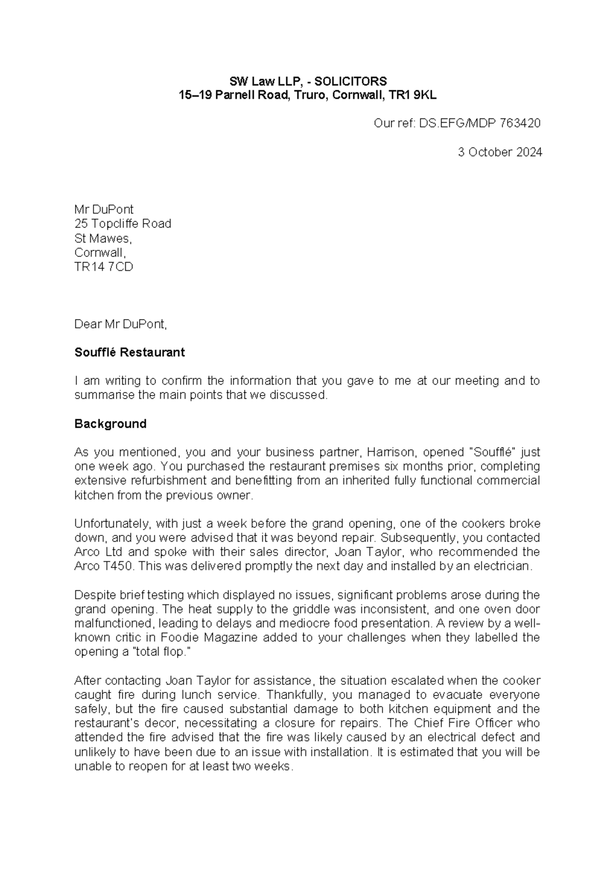 Legal Writing Mock Letter - SW Law LLP, - SOLICITORS 15–19 Parnell Road ...