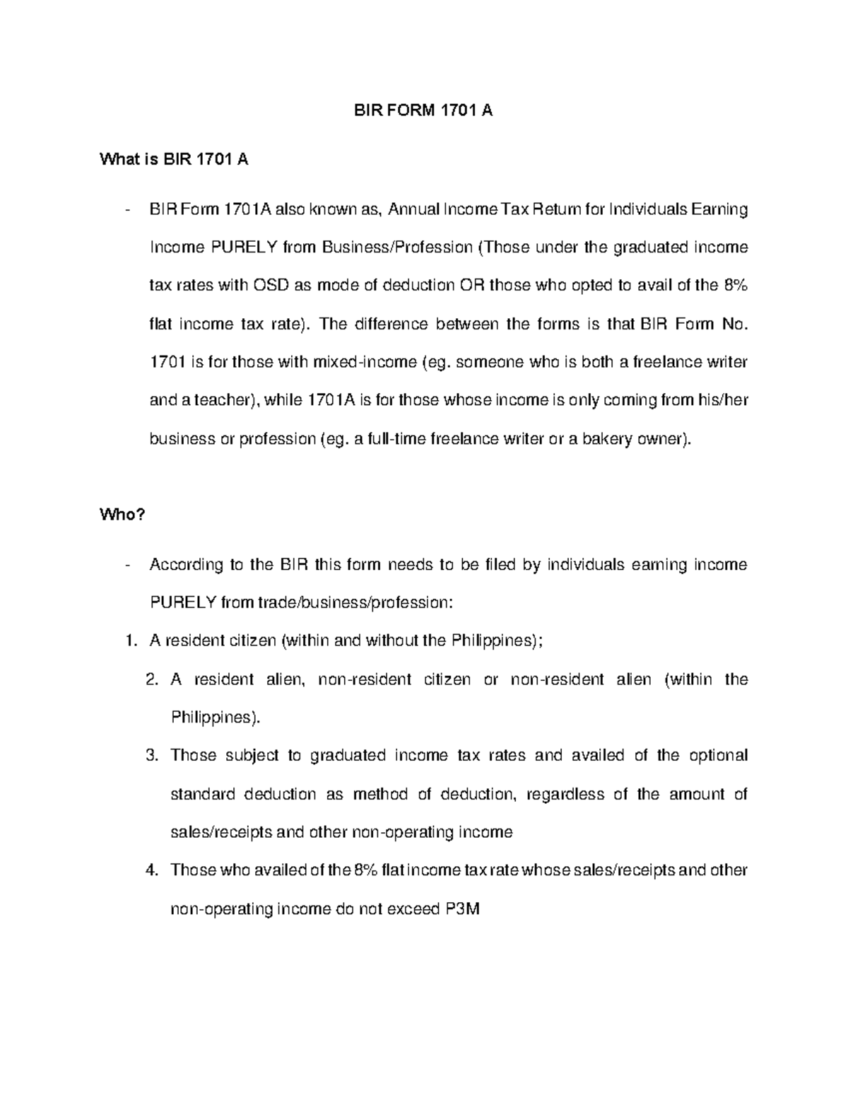 BIR docs - BIR DESCRIPTION - BIR FORM 1701 A What is BIR 1701 A - BIR ...