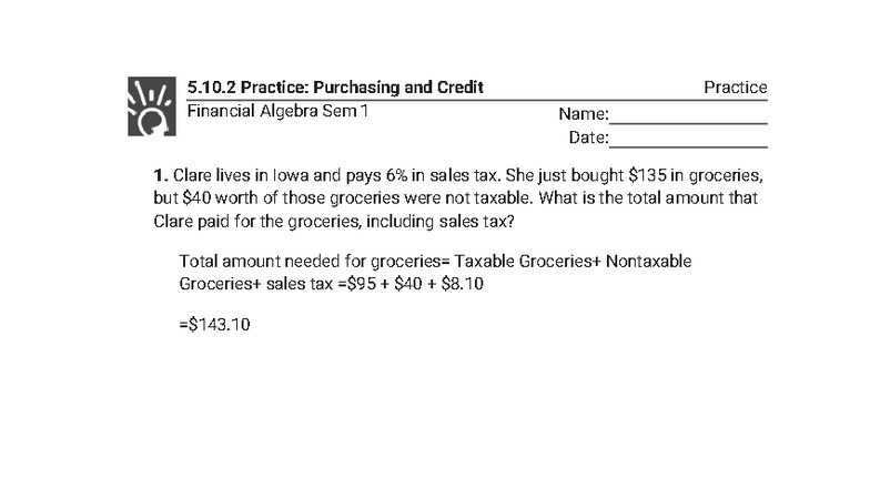 5.10.2 Practice: Purchasing and Credit Financial Algebra Sem 1 - Studocu