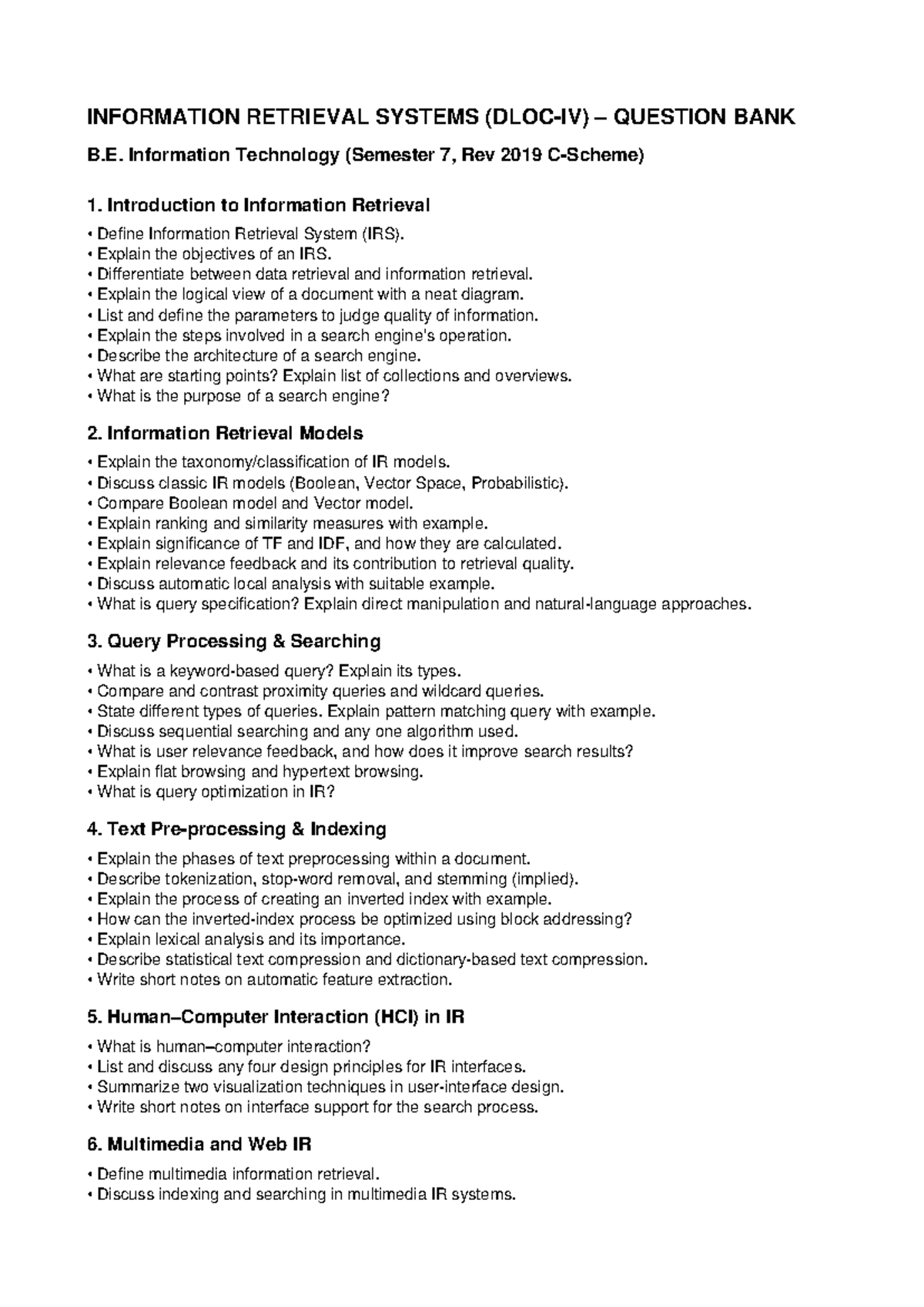 Information Retrieval Systems Question Bank B.E. IT (Sem 7, 2022-2025 ...