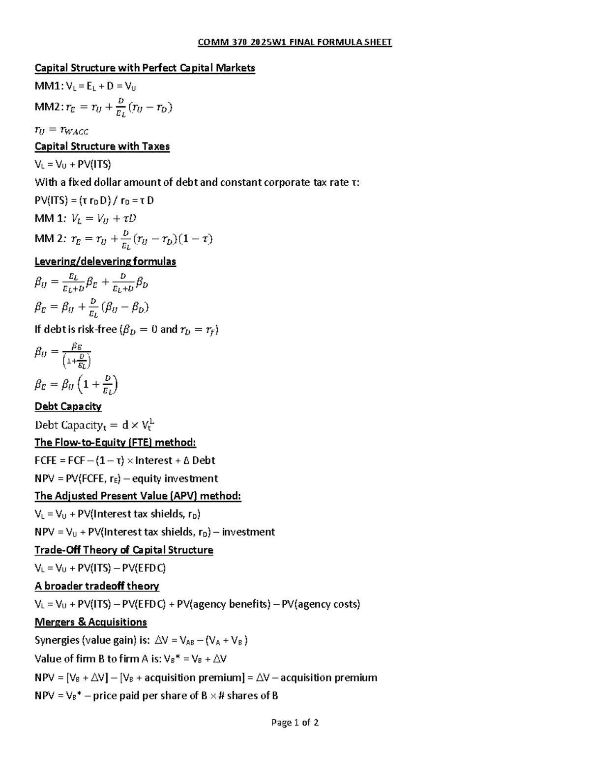 COMM 370 2025W1 Final Formula Sheet on Capital Structure - Studocu