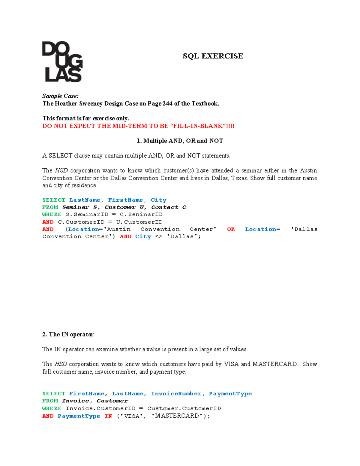 SQL EXERCISE: HSD Case Study on Seminar Attendance and Payments - Studocu