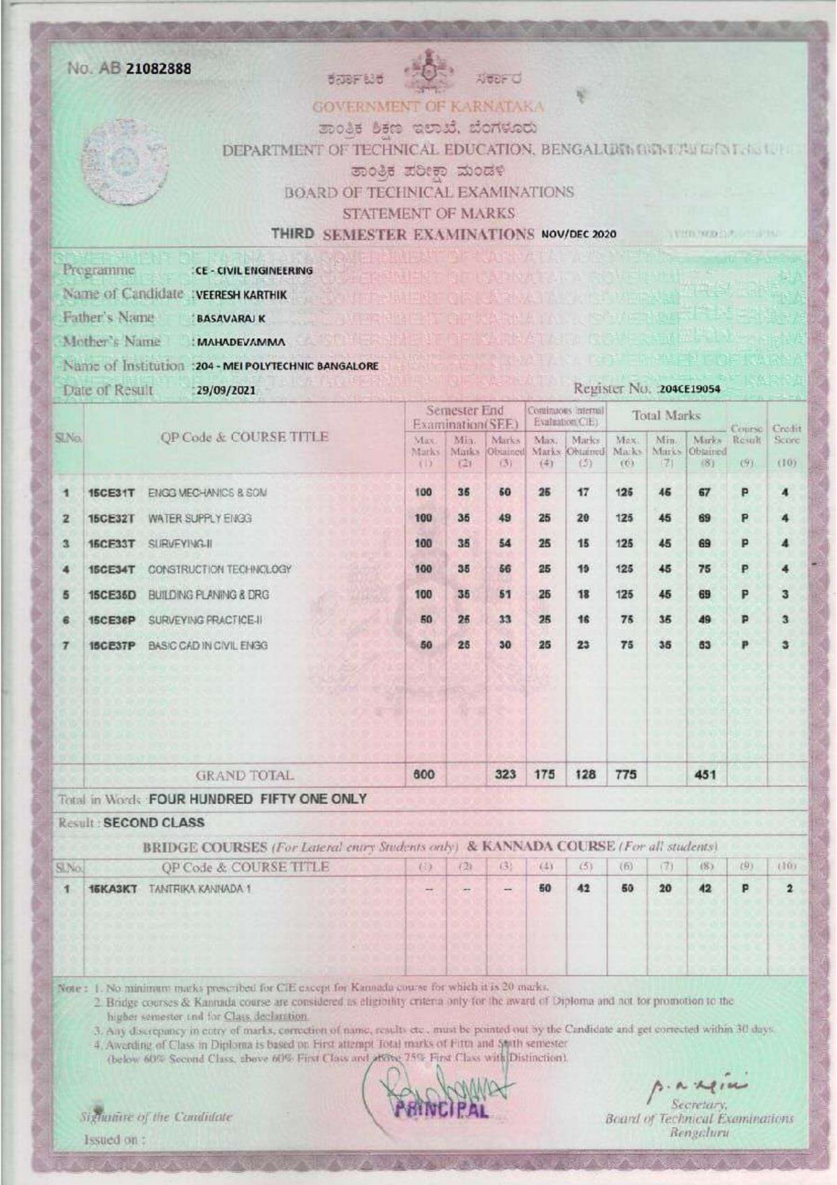 3rd Sem Exam Marks Statement for CE - 204CE19054 - Studocu