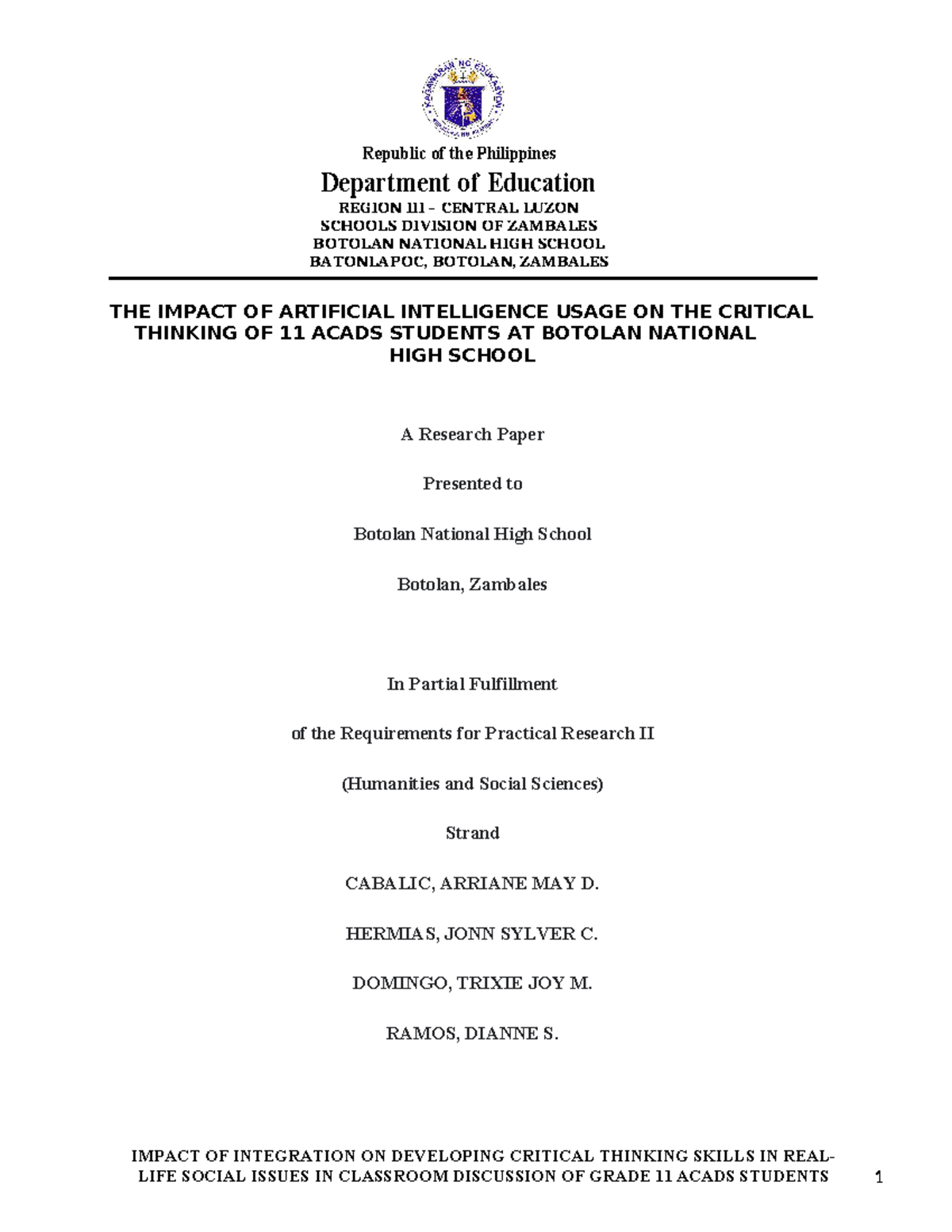 ACAD- The Impact of AI on Critical Thinking in Grade 11 Students - Studocu