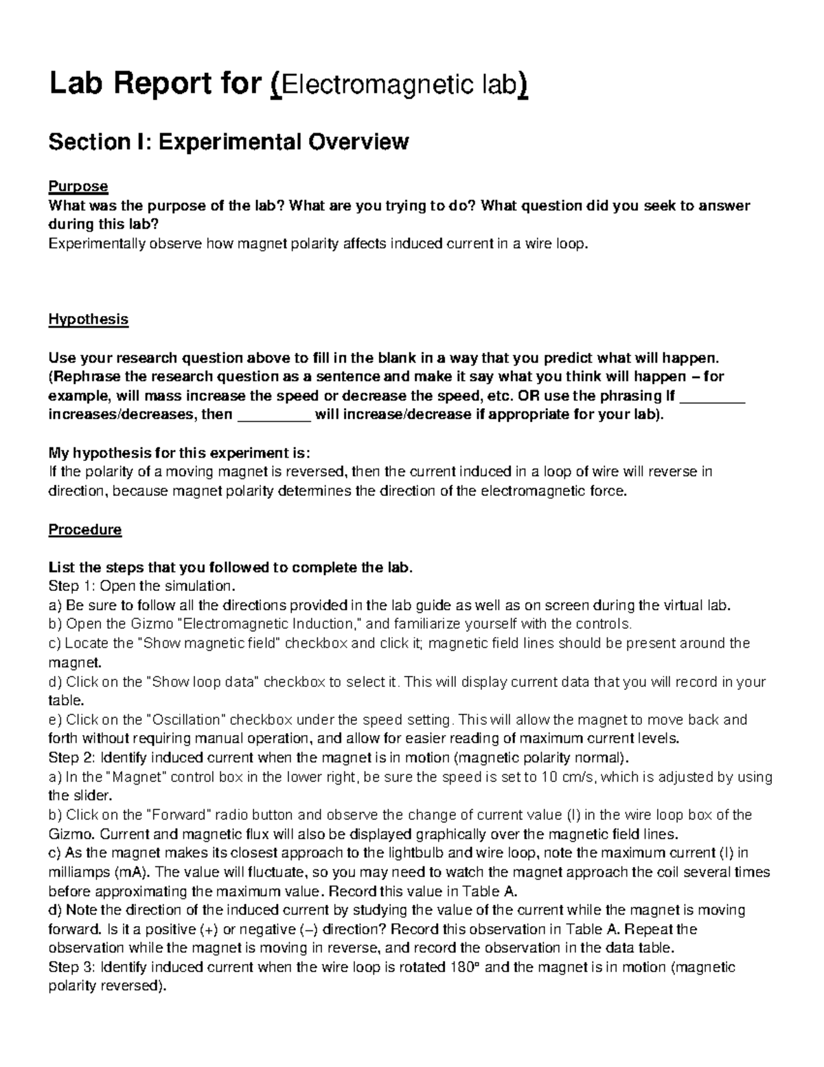 Electromagnetic lab report - Lab Report for (Electromagnetic lab ...